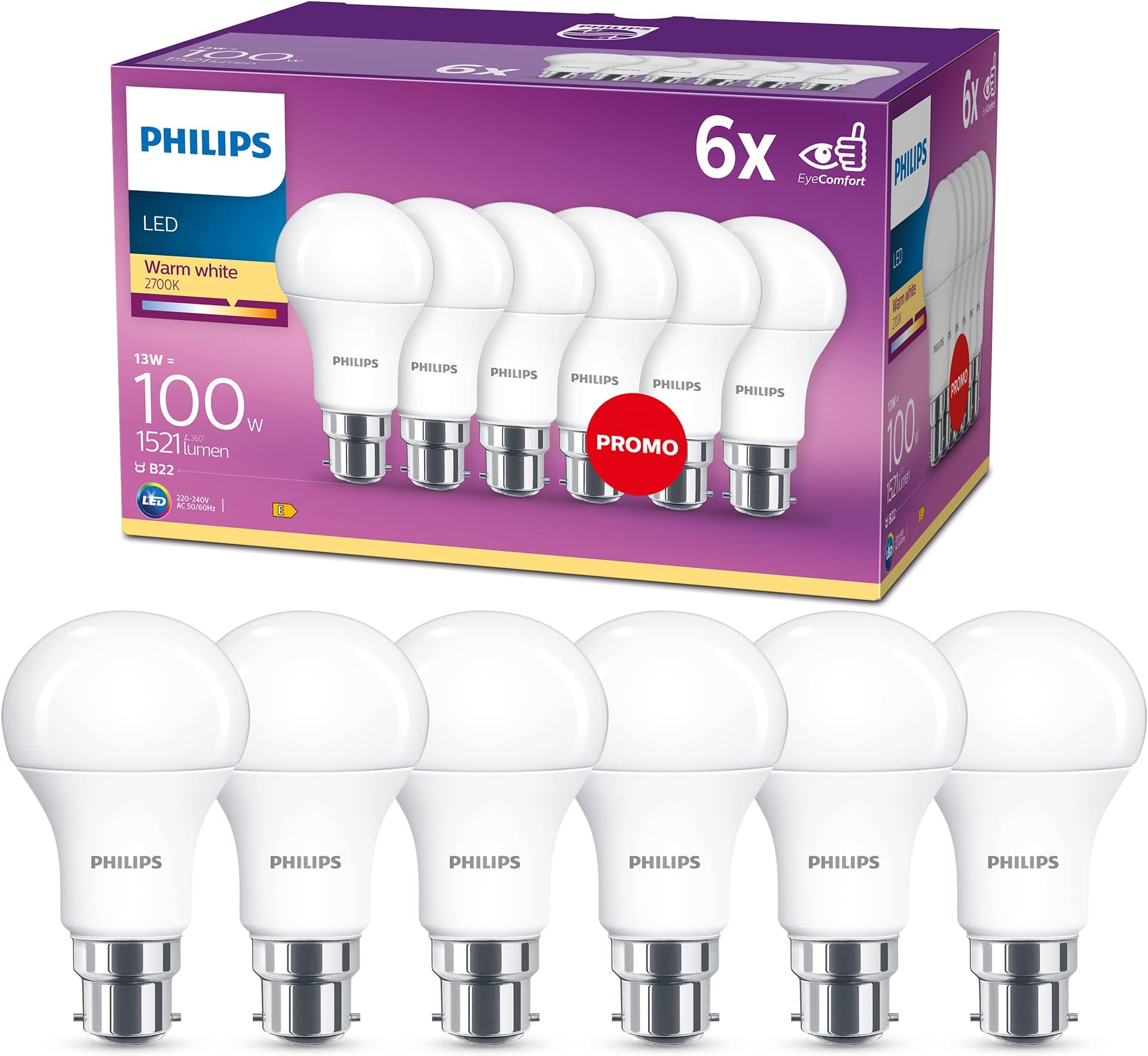PHILIPS LED B22 Frosted 6 Pack Light Bulbs - 13 W (100 W) [Warm White ...