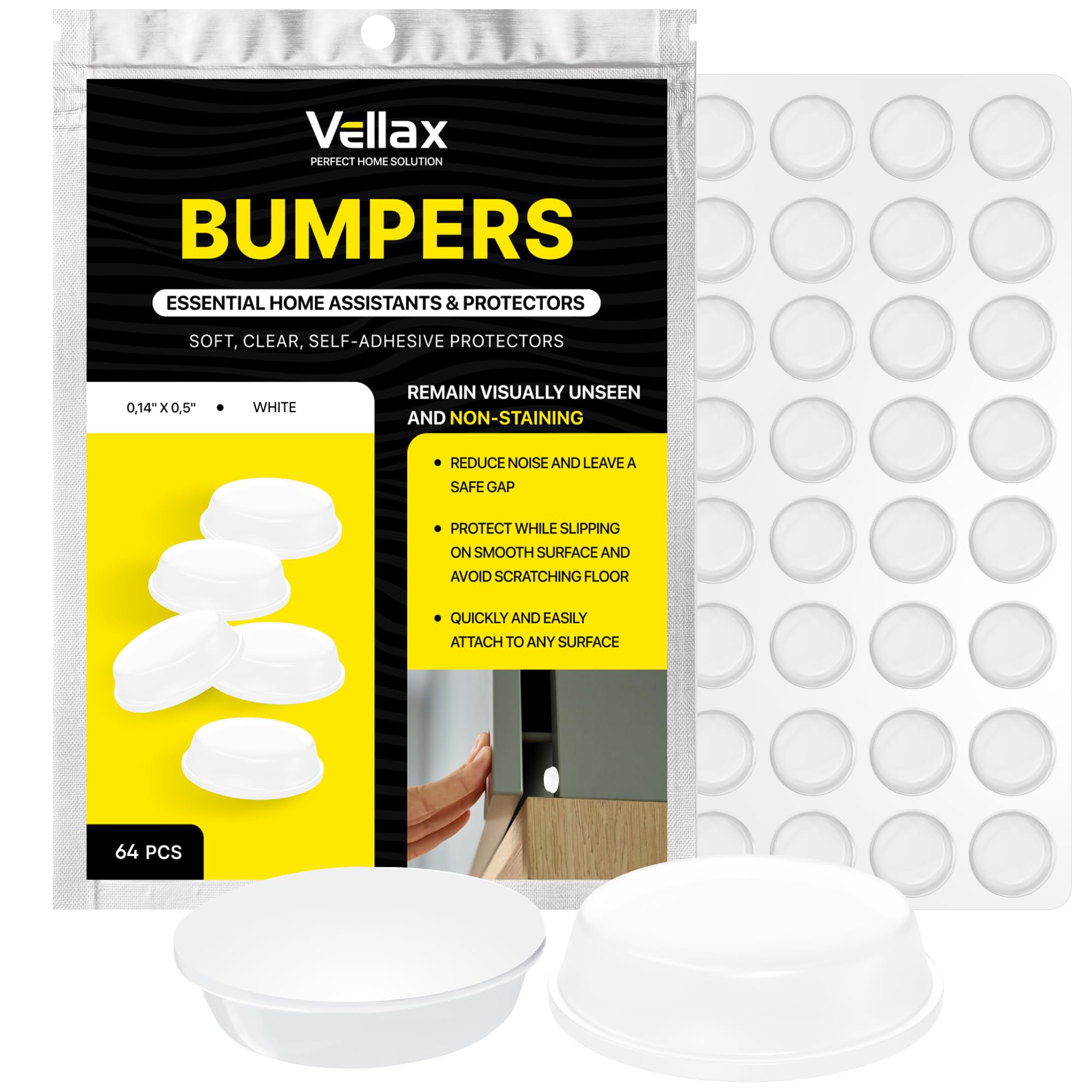 Vellax Cabinet Door Bumpers 64 Pcs - 1/2” Diameter Clear Self Adhesive ...