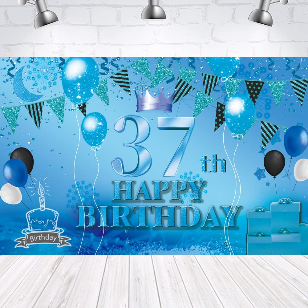 Amazon.com: Happy 37th Birthday Backdrop Banner Blue 37th Sign Poster ...