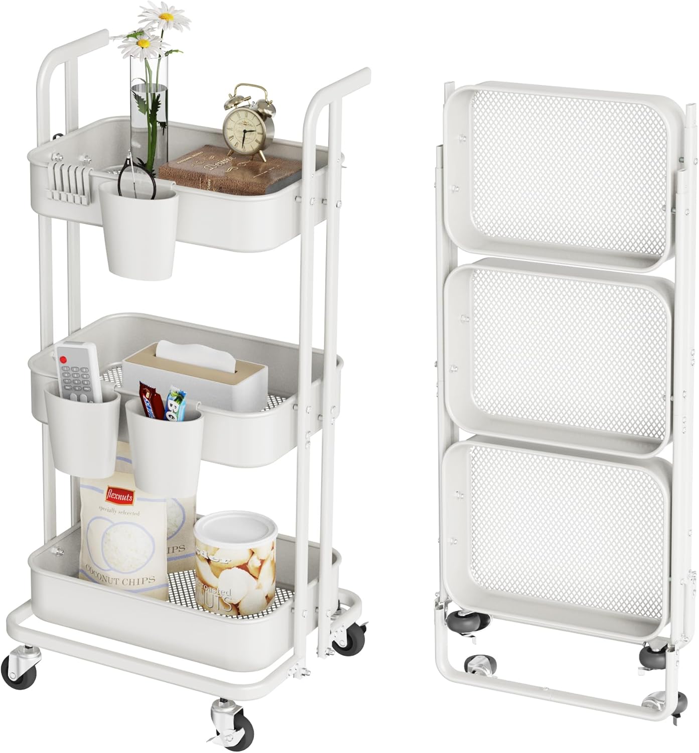 Amazon.com: DTK 3 Tier Foldable Rolling Cart, Metal Utility Cart with Lockable Wheels, Folding ...