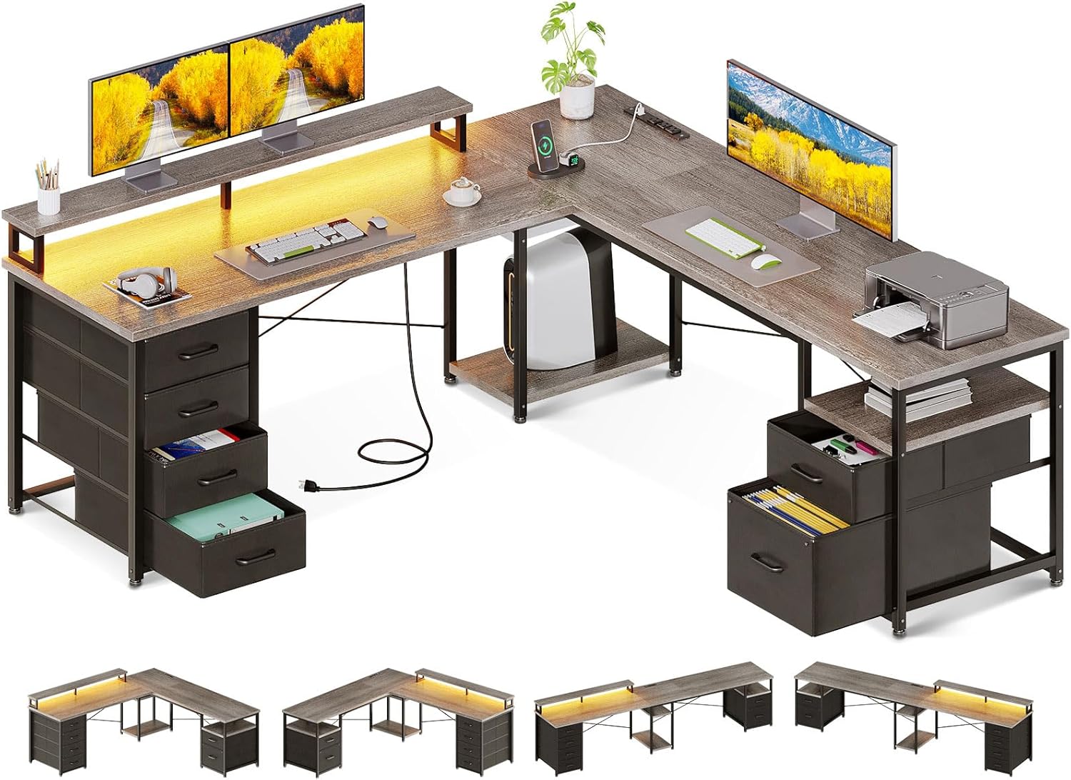 Amazon.com: AODK 66" L Shaped Desk, 113" Computer Desk with File ...