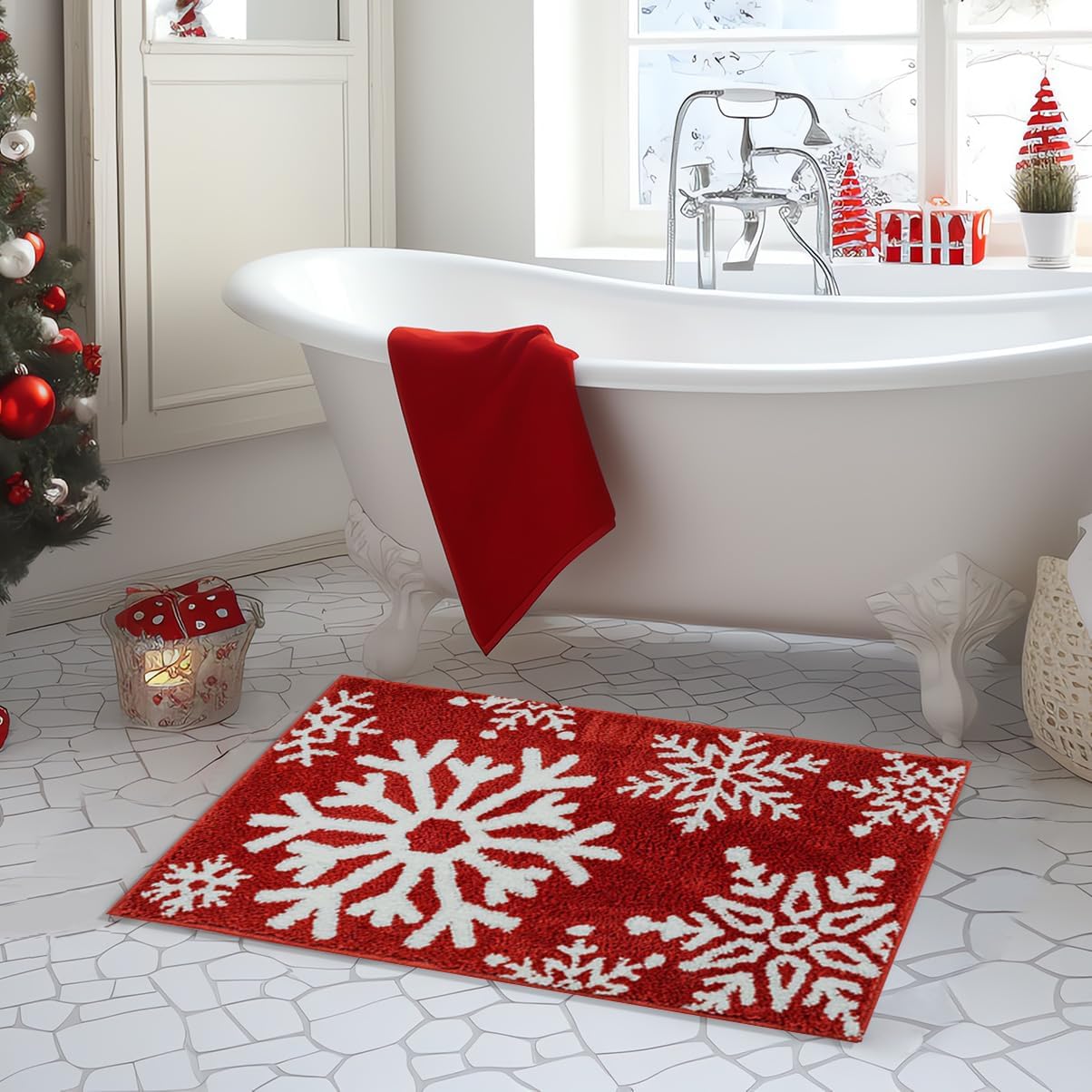 Amazon.com: Lindameler Christmas Bathroom Rugs Winter Red Snowflake ...