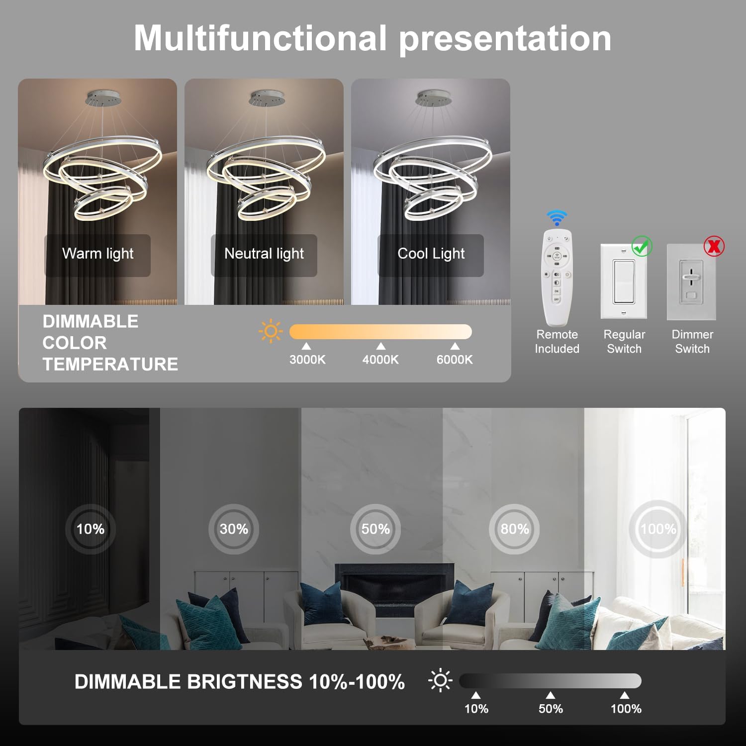 Candelabro LED moderno de 3 anillas, plateado, regulable, 230 W, 3 ...