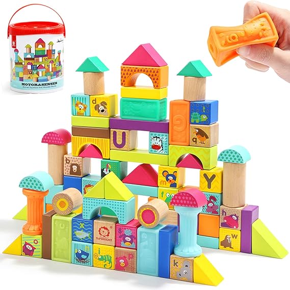 Amazon.com: TOP BRIGHT Wooden Building Blocks Toddlers 1-3,Baby Blocks ...