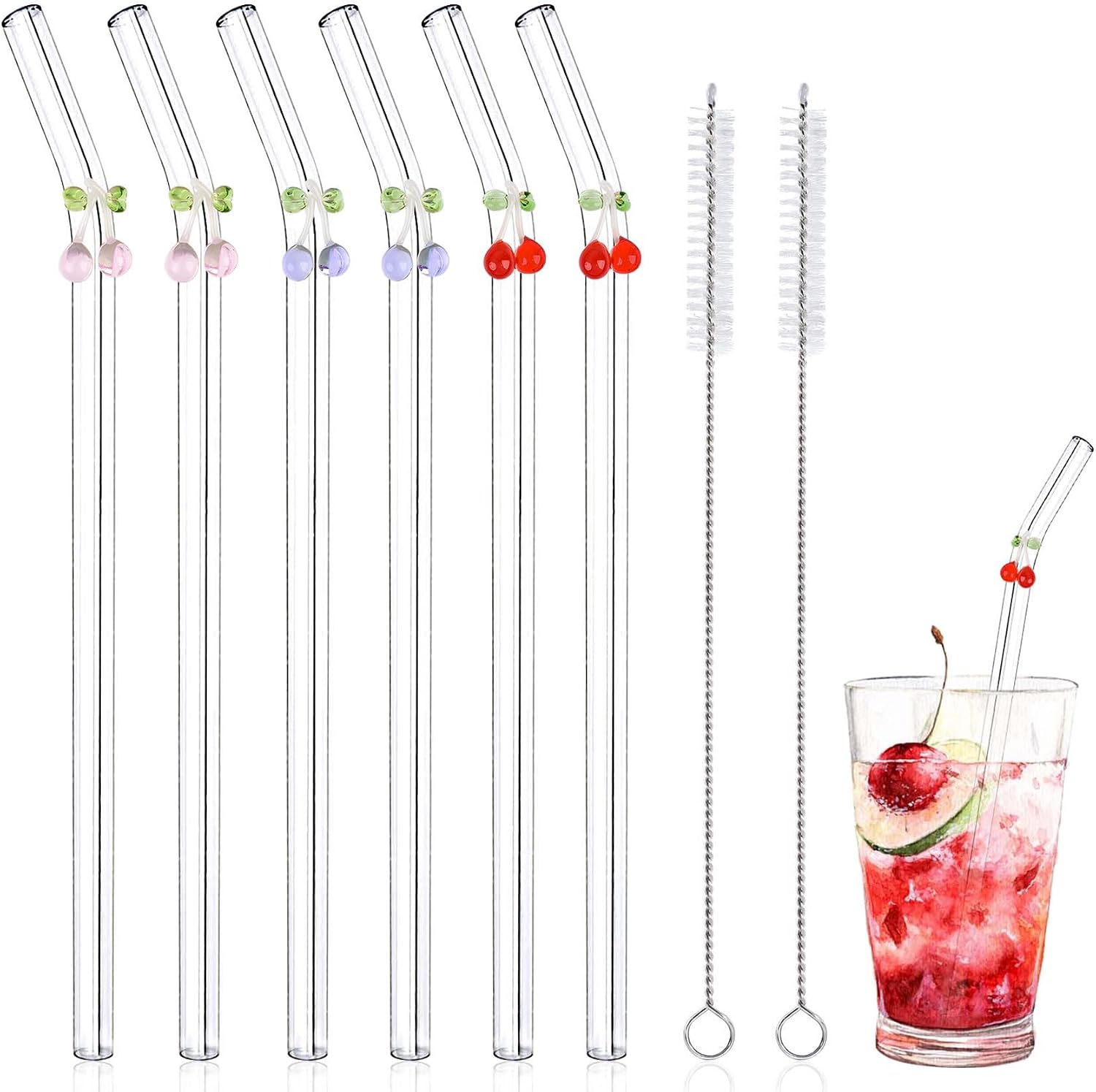 6Pcs Glass Straws with Design, Reusable Glass Straws with 2 Cleaning ...