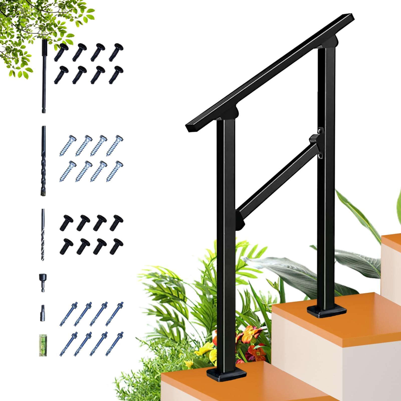 2 Step Handrail for Outdoor Step,Metal Porch Stair Railing 2 Steps ...