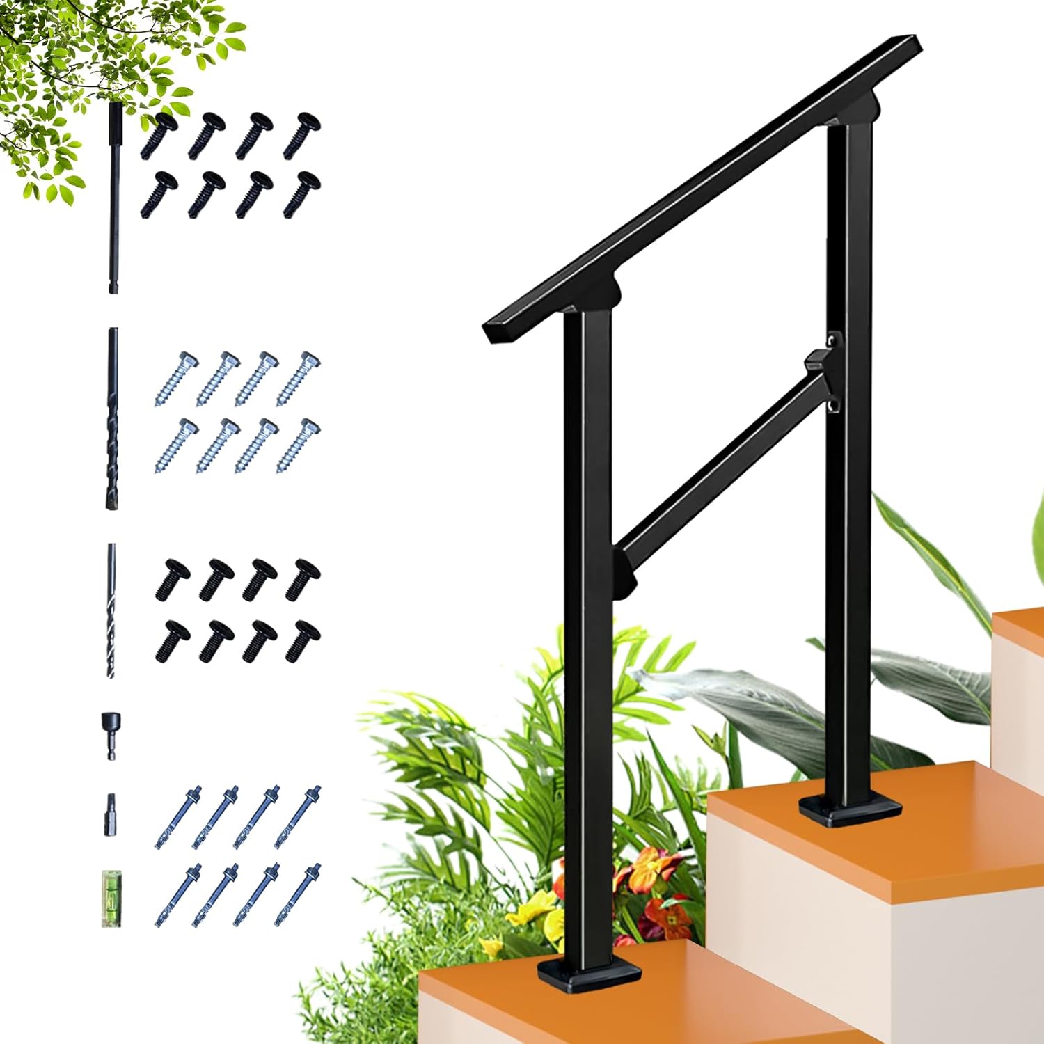 2 Step Handrail for Outdoor Step,Metal Porch Stair Railing 2 Steps ...