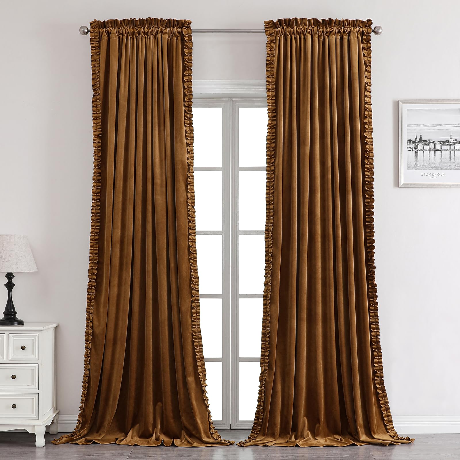 Gold Brown Ruffle Velvet Curtains for Bedroom, Shabby Chic Ruffle Trim ...