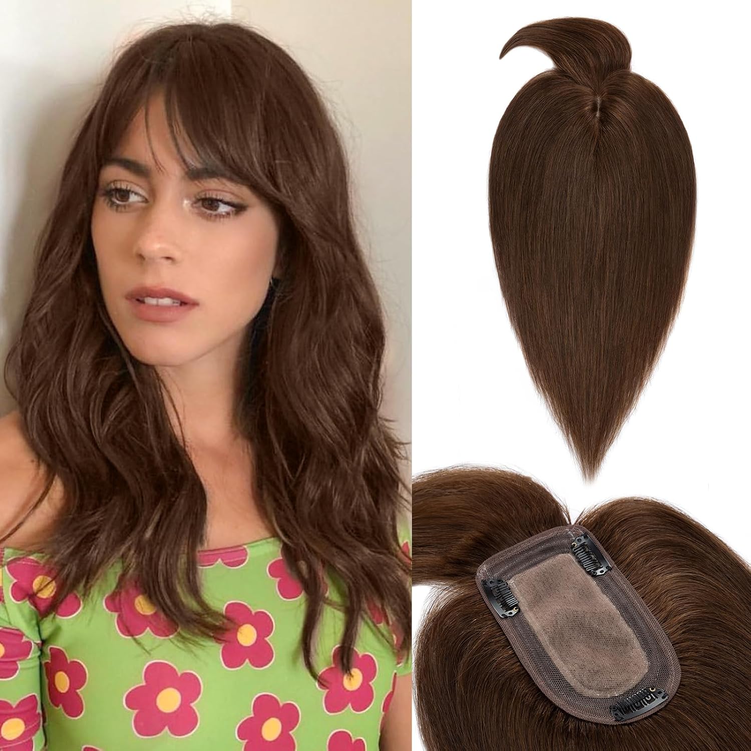 Benehair Human Hair Toppers with Bangs, 6 Inches Real Human Hair Topper ...