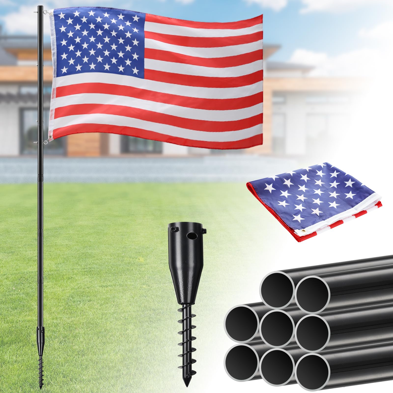 Amazon.com : Ground Flag Pole with American Flag - 1.5" Black Flag Pole ...