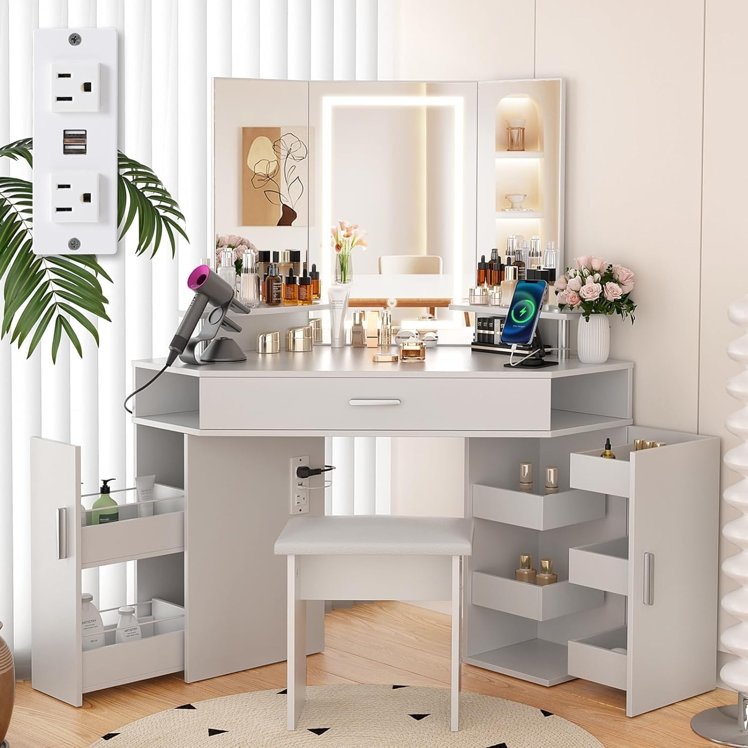 Amazon.com: YITAHOME Corner Vanity Desk Set with Tri-Fold Mirror and ...