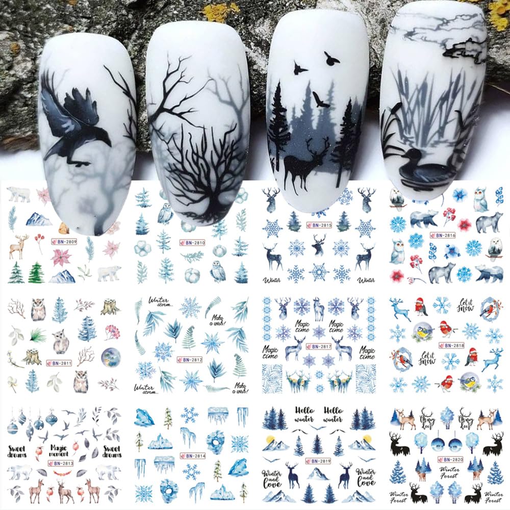 Amazon.com: 12 Sheets Snowflake Nail Art Stickers Water Transfer Nail ...