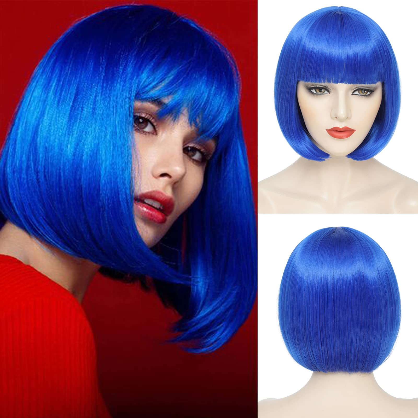 Amazon.com : YBYMCAI Blue Bob Wig With Bangs Short Blue Bob Wigs For ...