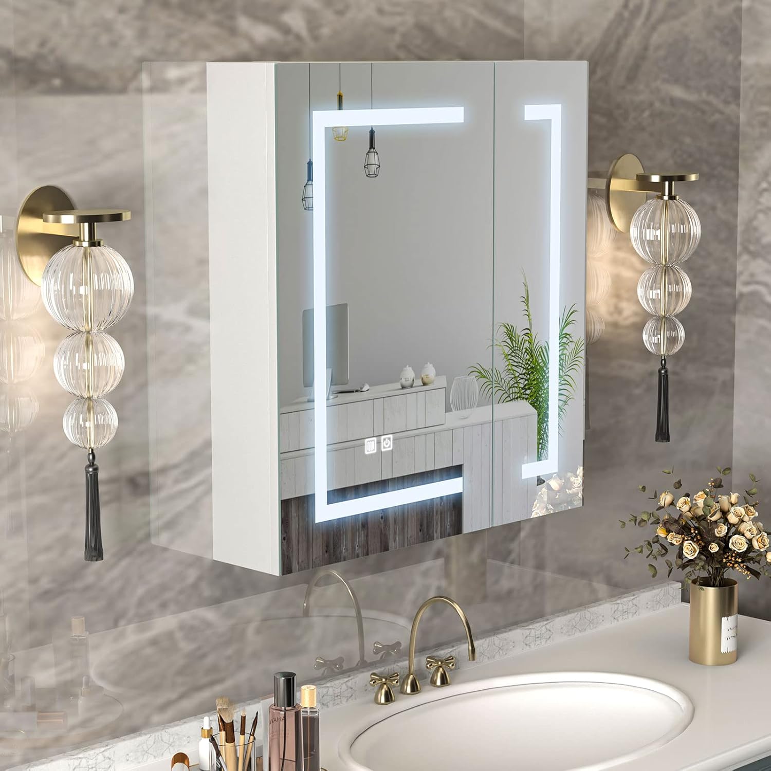 Mepplzian 60 x 65 Led Bathroom Mirror Cabinet with Lights,Surface Mount ...