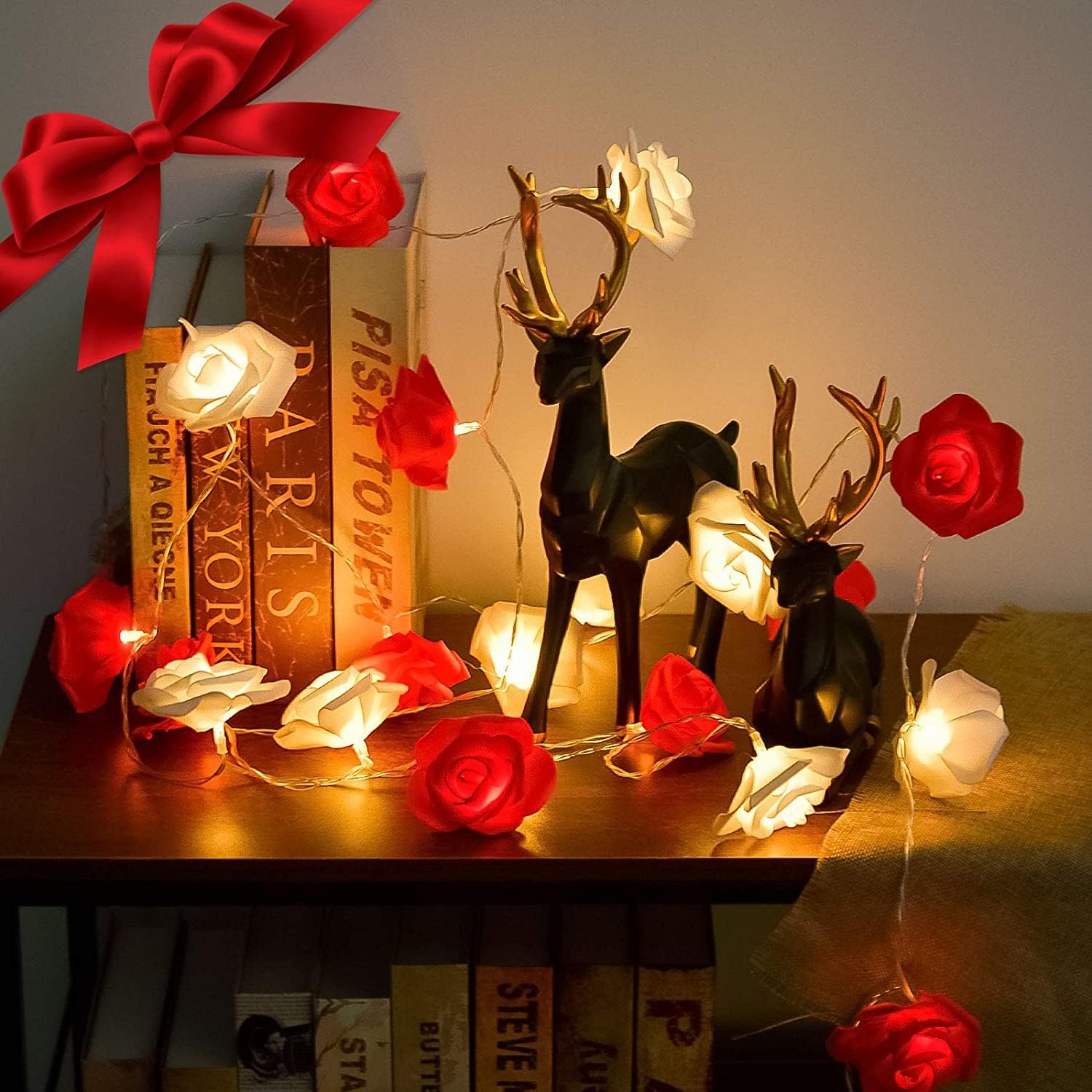 Valentine's Day Rose String Lights 10 ft 20 LED Battery Operated Rose ...