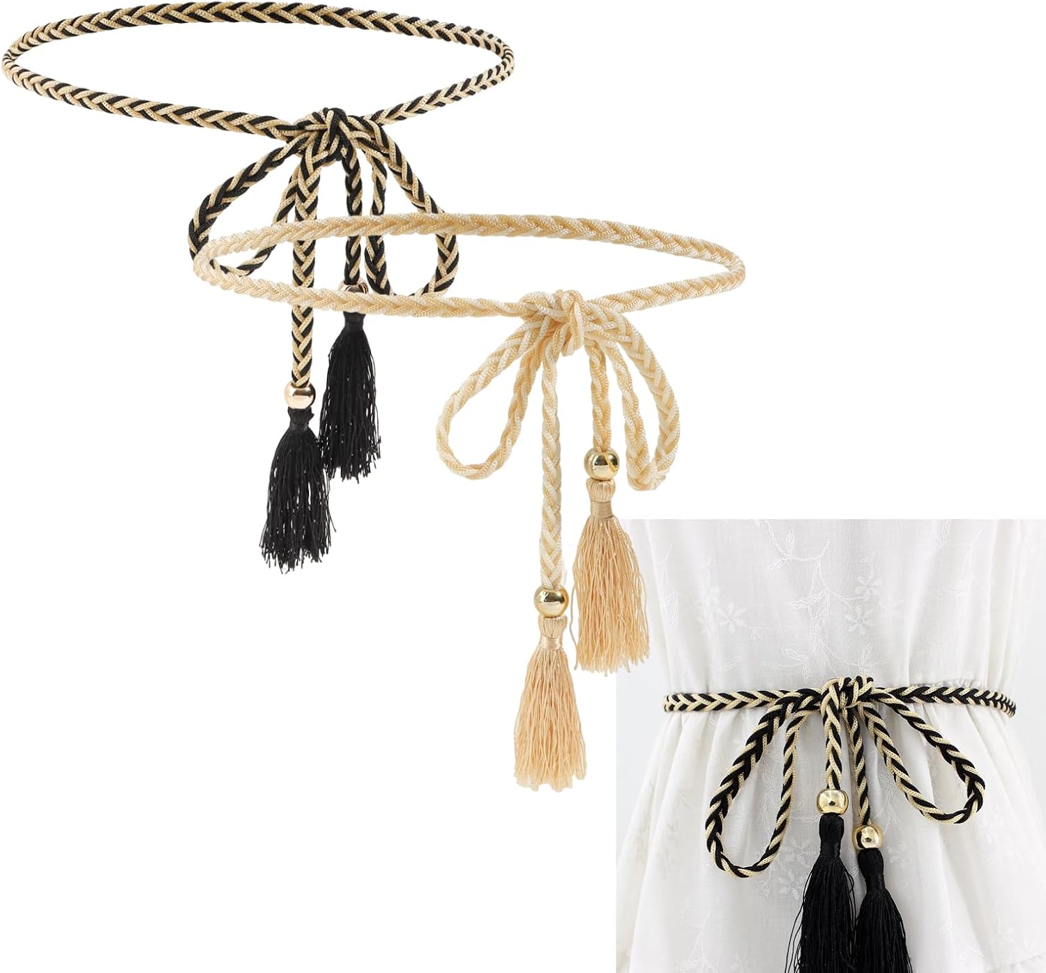 Women's Skinny Braided Woven Tassel Rope Chain Belt 2 Packs for Girls ...