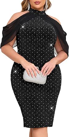 Amazon.com: ZOMVA Plus Size Sparkly Party Dress Bodycon Halter Neck with Cape Cocktail Glitter ...