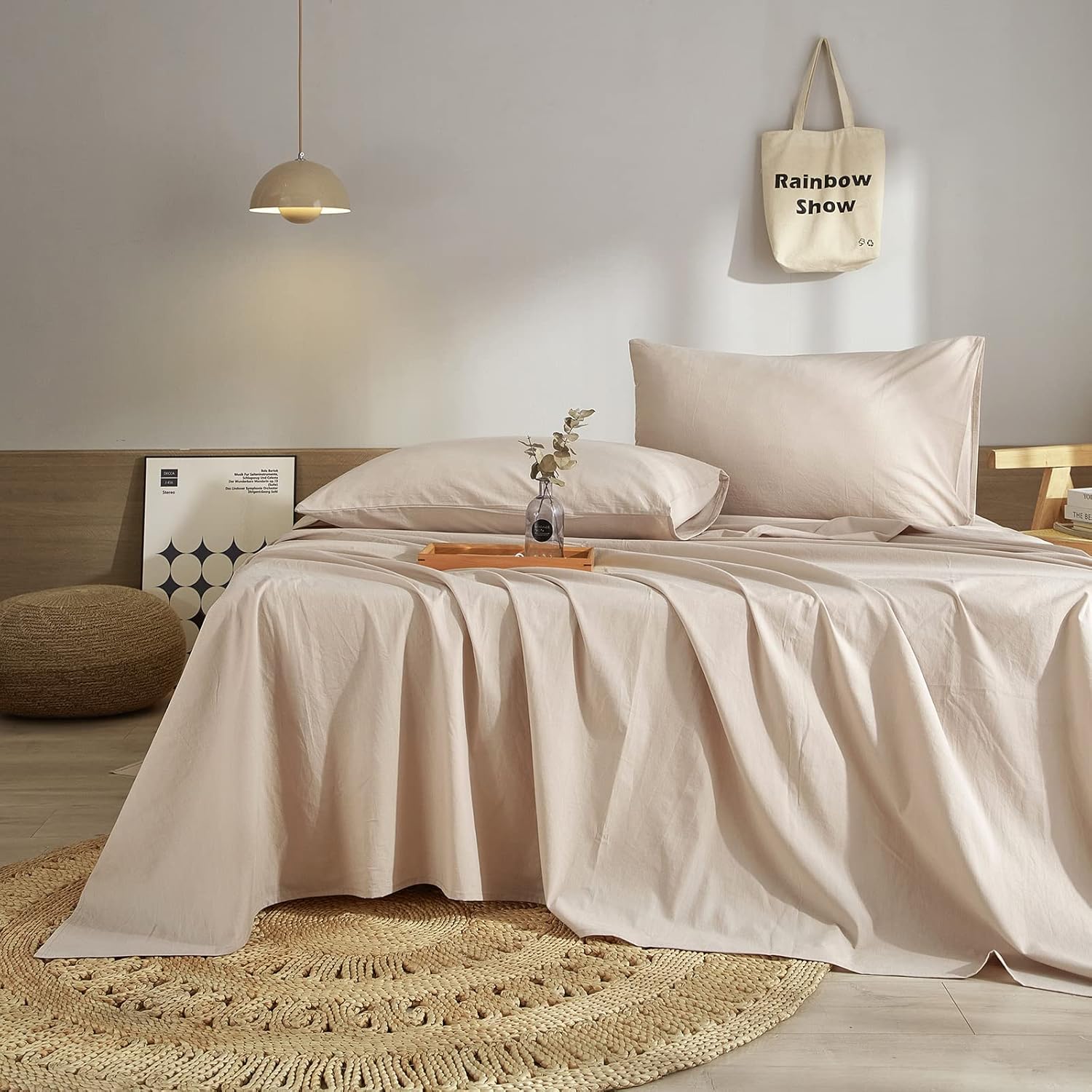 Amazon.com: Beige Bed Sheets Queen Size Sheets Set 100% Washed Cotton ...