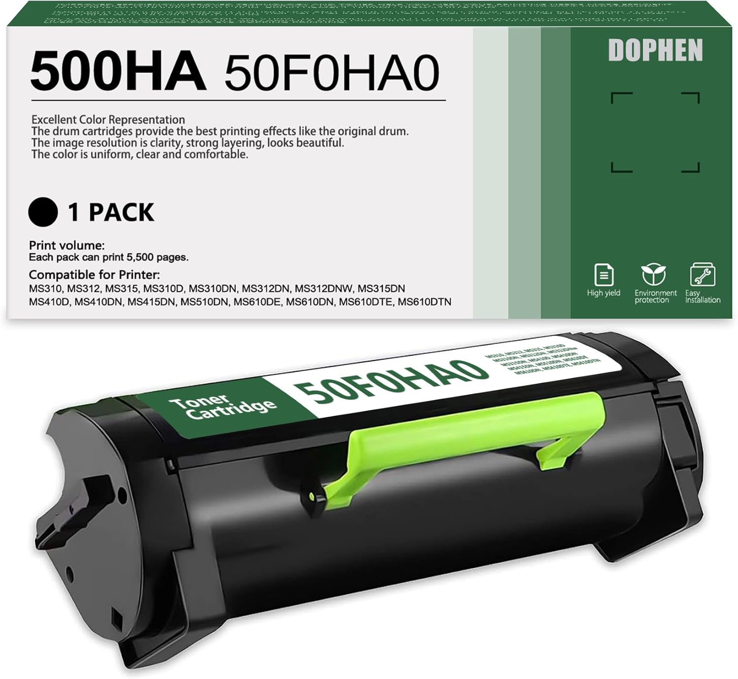 Amazon.com: DOPHEN 1 Pack 50F0HA0 High Yield Black Toner Cartridge ...
