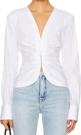 Amazon.com: Women's Long Sleeve Ruched Shirt Front Hook & Eye Closure ...