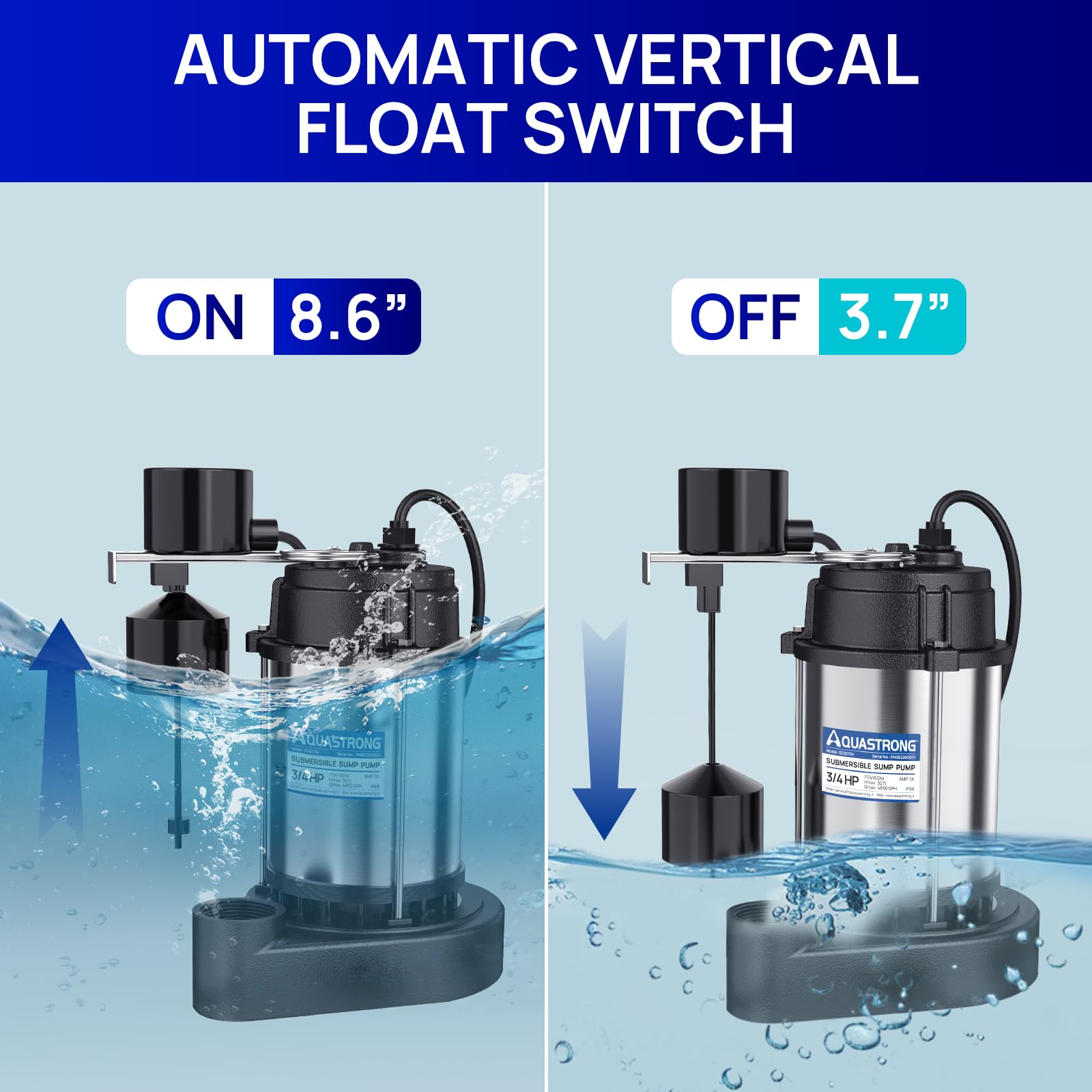 Snapklik.com : AQUASTRONG 3/4 HP Sump Pump Submersible, 4890 GPH Stainless Steel And Cast Iron ...