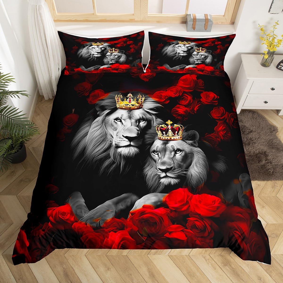 Amazon.com: jejeloiu Wild Lion Couple Bedding Set King Size Couple Red ...