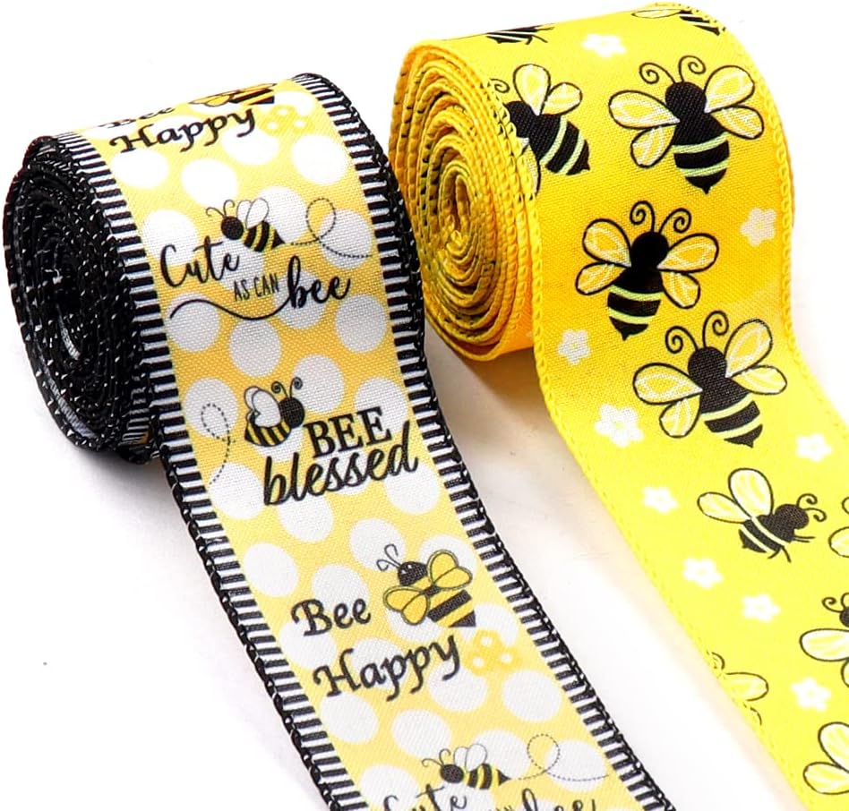 Amazon.com: 6 Rolls 20 Yards Bee Ribbon Dot Wired Edge Ribbon Yellow ...
