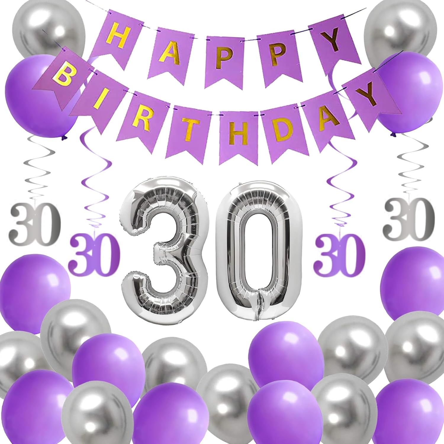 Amazon.com: BRT Bearingshui Purple and Silver 30th Birthday Party ...