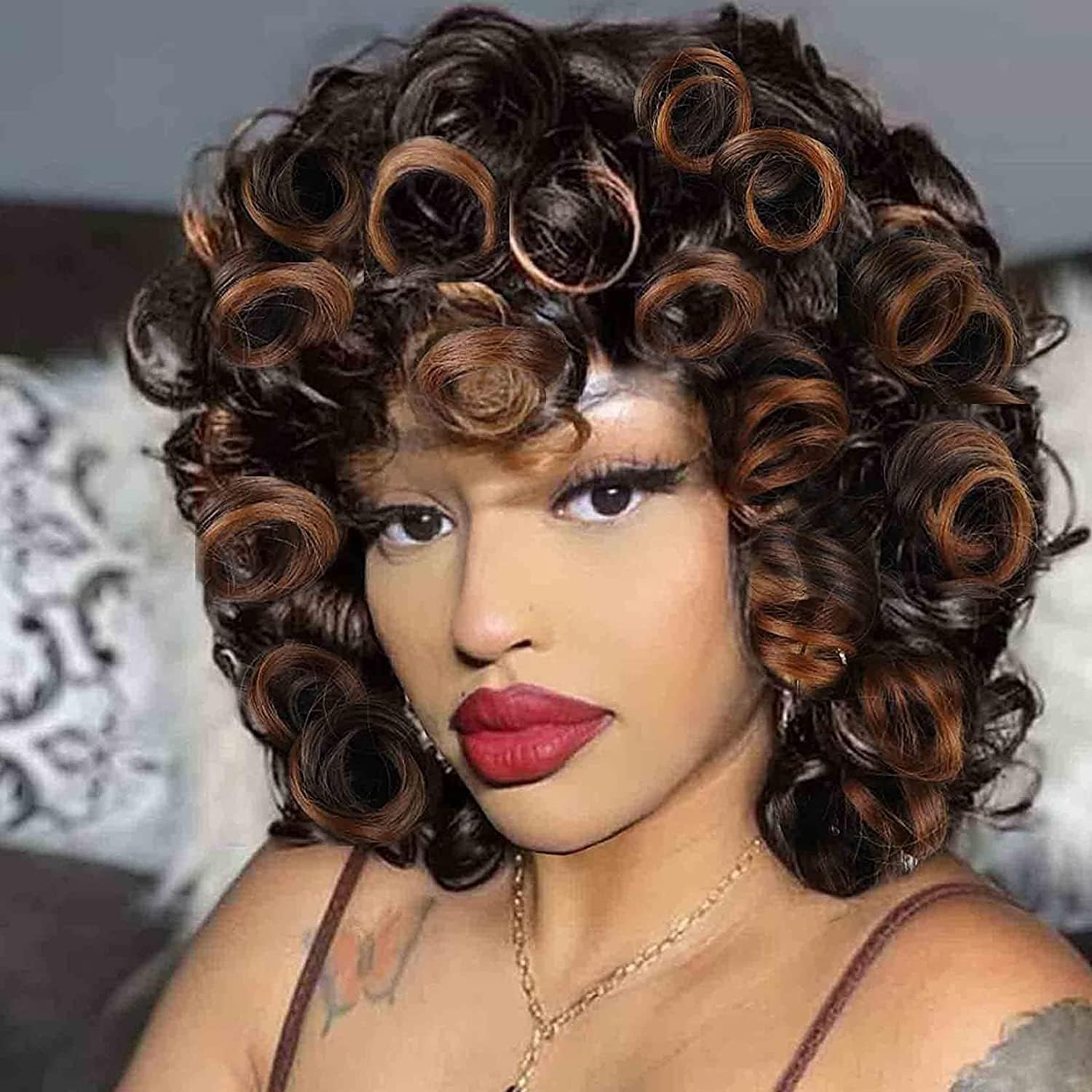 Amazon.com : XUIEUI Short Curly Wig with Bangs Loose Afro Wigs for ...