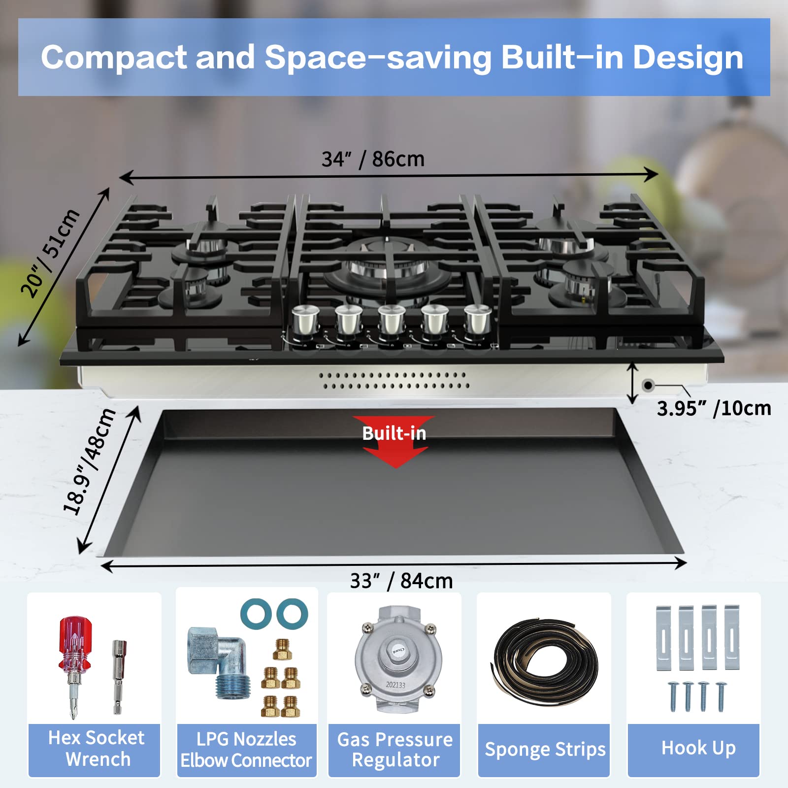 Davivy 34 inch Gas Cooktop,5 Burner Gas Stove Top,Built in All Black ...