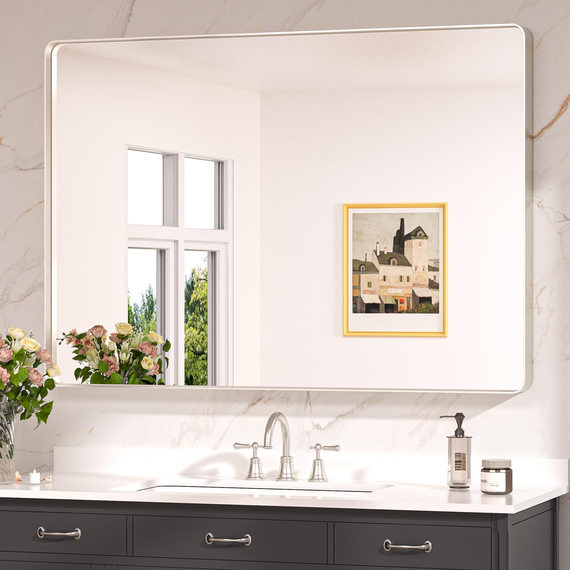 Amazon.com: Keonjinn 48 x 36 Brushed Nickel Bathroom Vanity Mirror ...