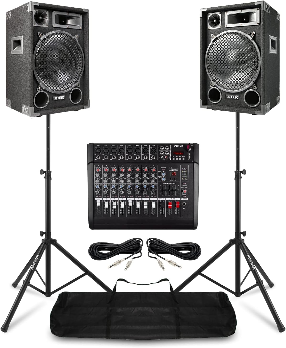 MAX SP12 Live Band PA System Package with 2x 12 Passive Speakers, AM8A ...