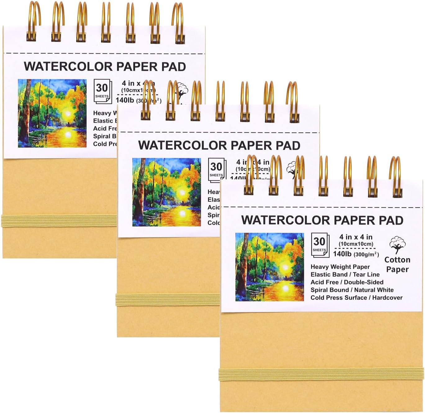 Amazon.com: Mini Watercolor Paper Pads, 4x4, 3Pack, Kraft Hardcover ...