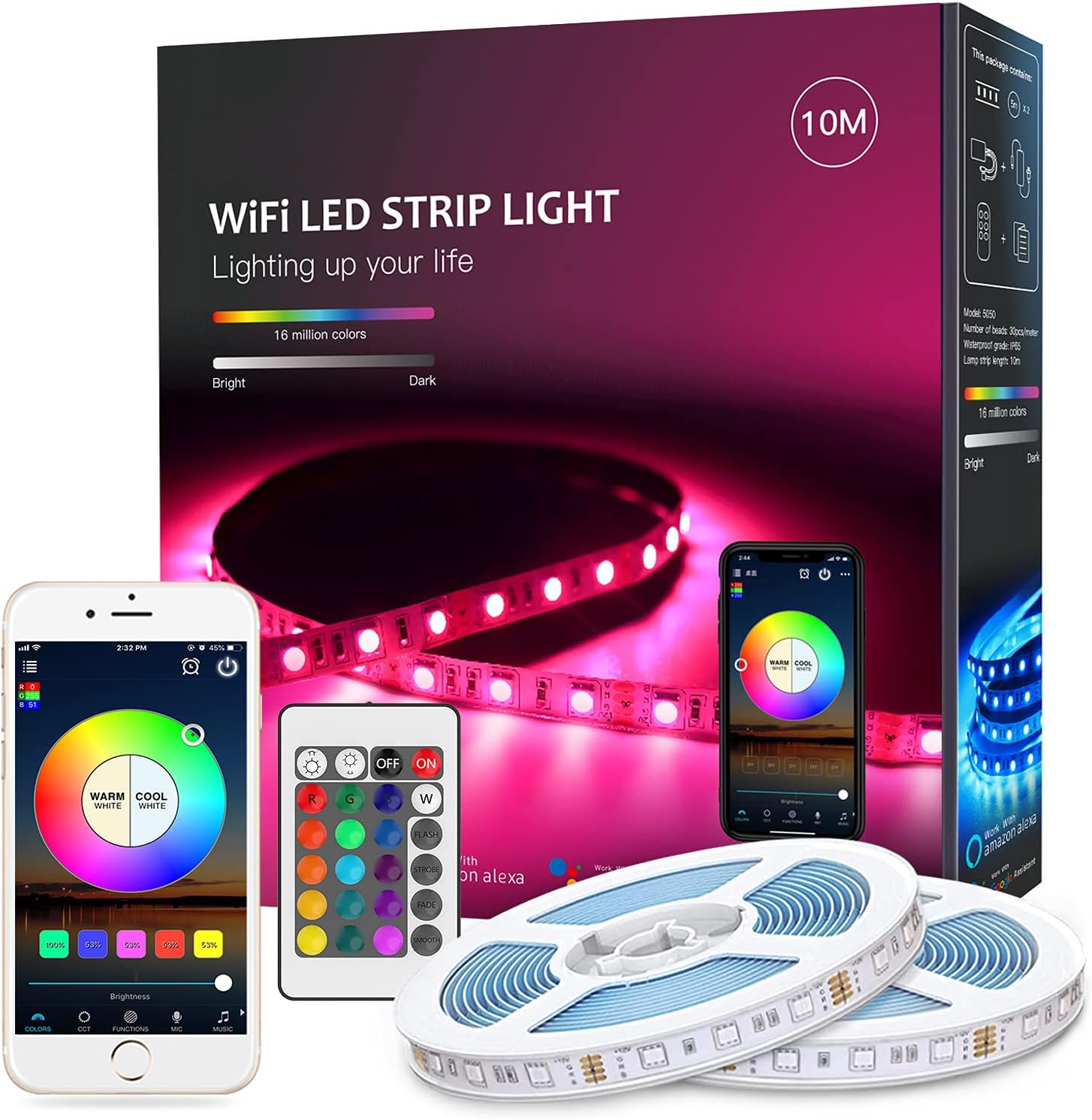 MagicLight 33ft RGB WiFi Strip Light, Smart APP Control Color Chaning ...