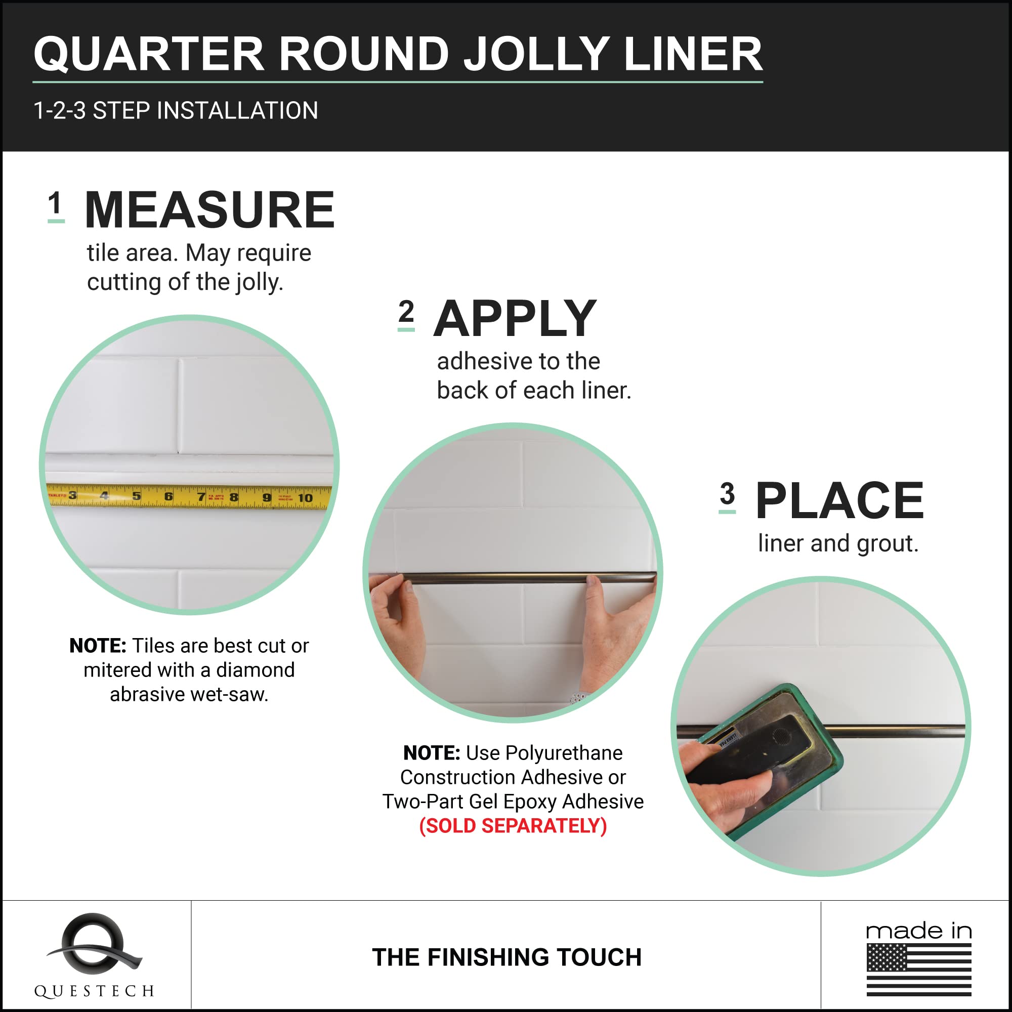 Questech Quarter Round Tile Liner, 1/2 x 12 inch Jolly Tile Edge Trim ...