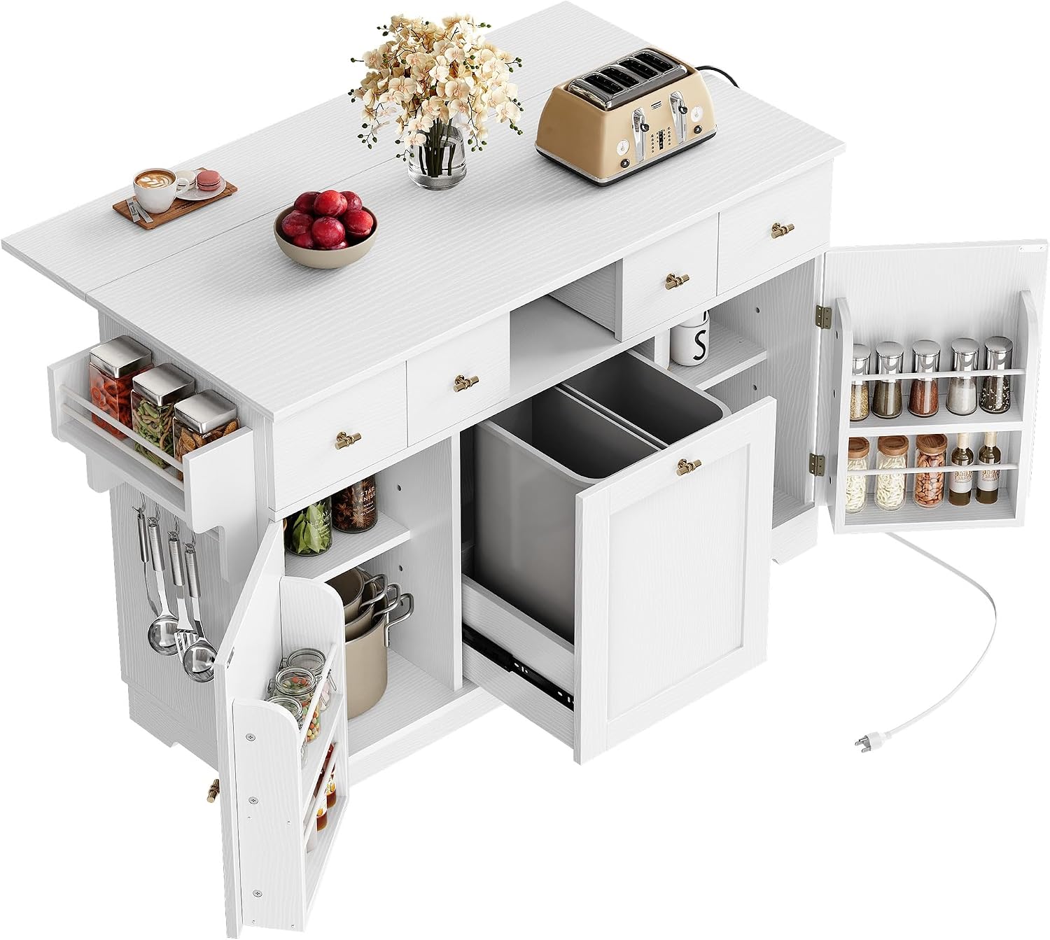 Amazon.com: DWVO Kitchen Island with Drop Leaf, Double Tilt Out Trash ...