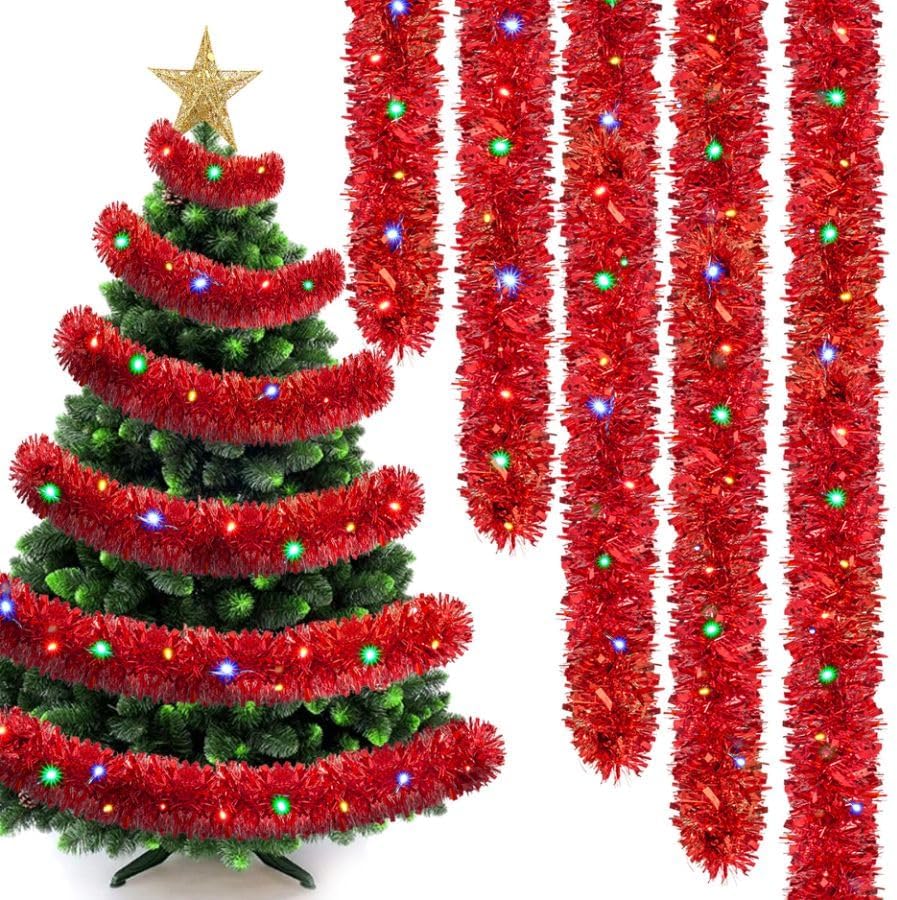 Amazon.com: Christmas Garland Prelit Tinsel 32.8 Ft, Red Metallic ...