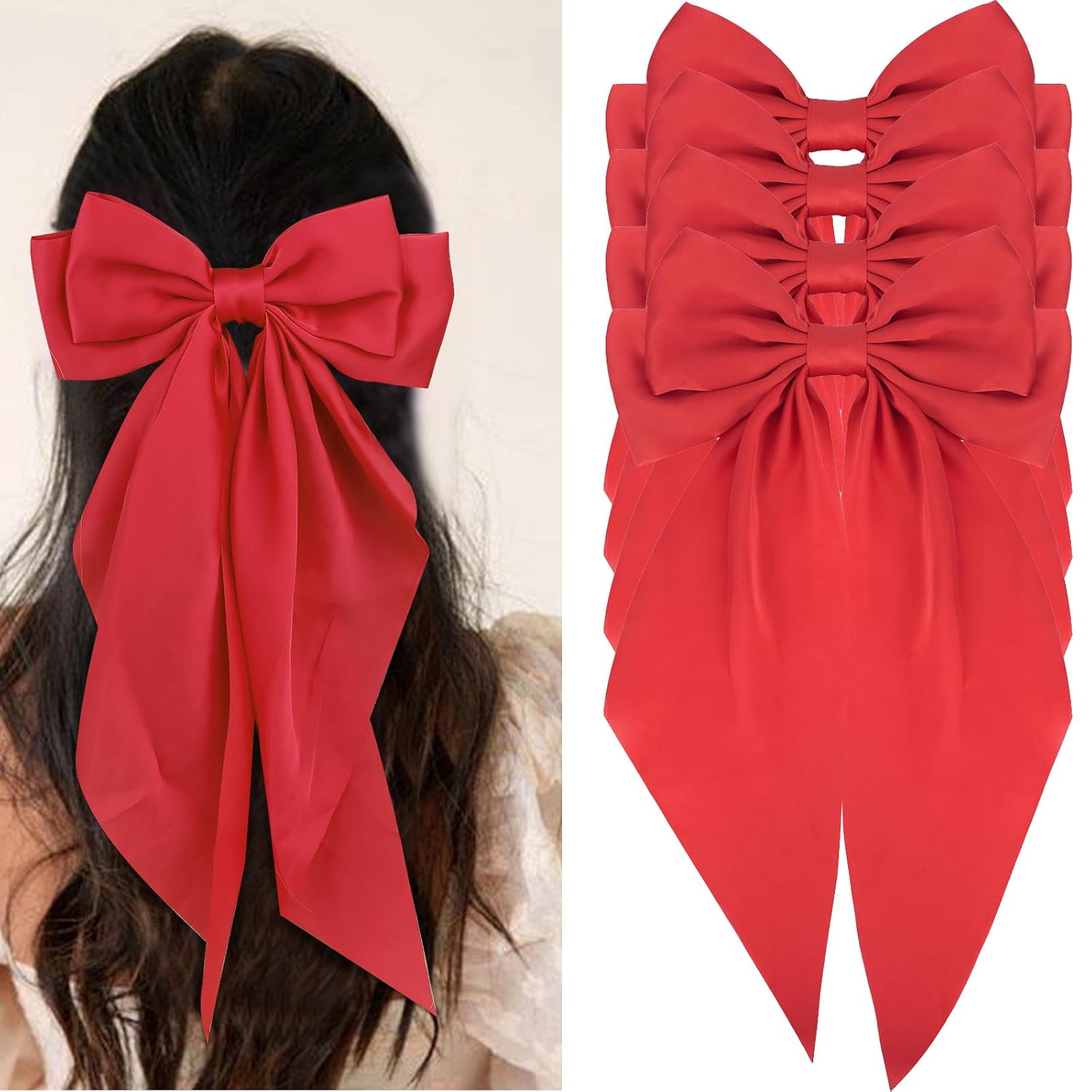 Amazon.com : Wecoe 4pcs Big Hair Bows For Women Red Satin Bows Hair ...