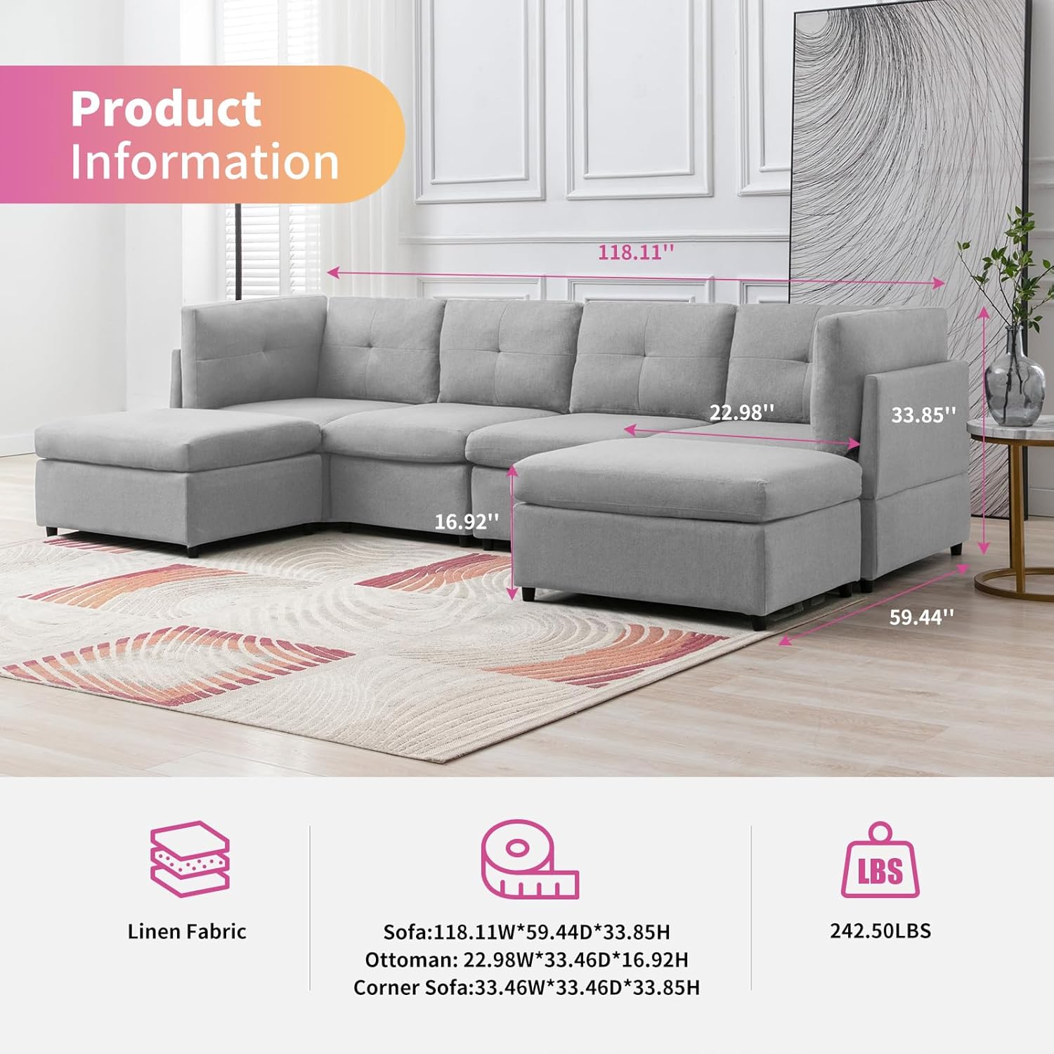 Sofá modular seccional, sofá convertible en forma de U con otomanas ...