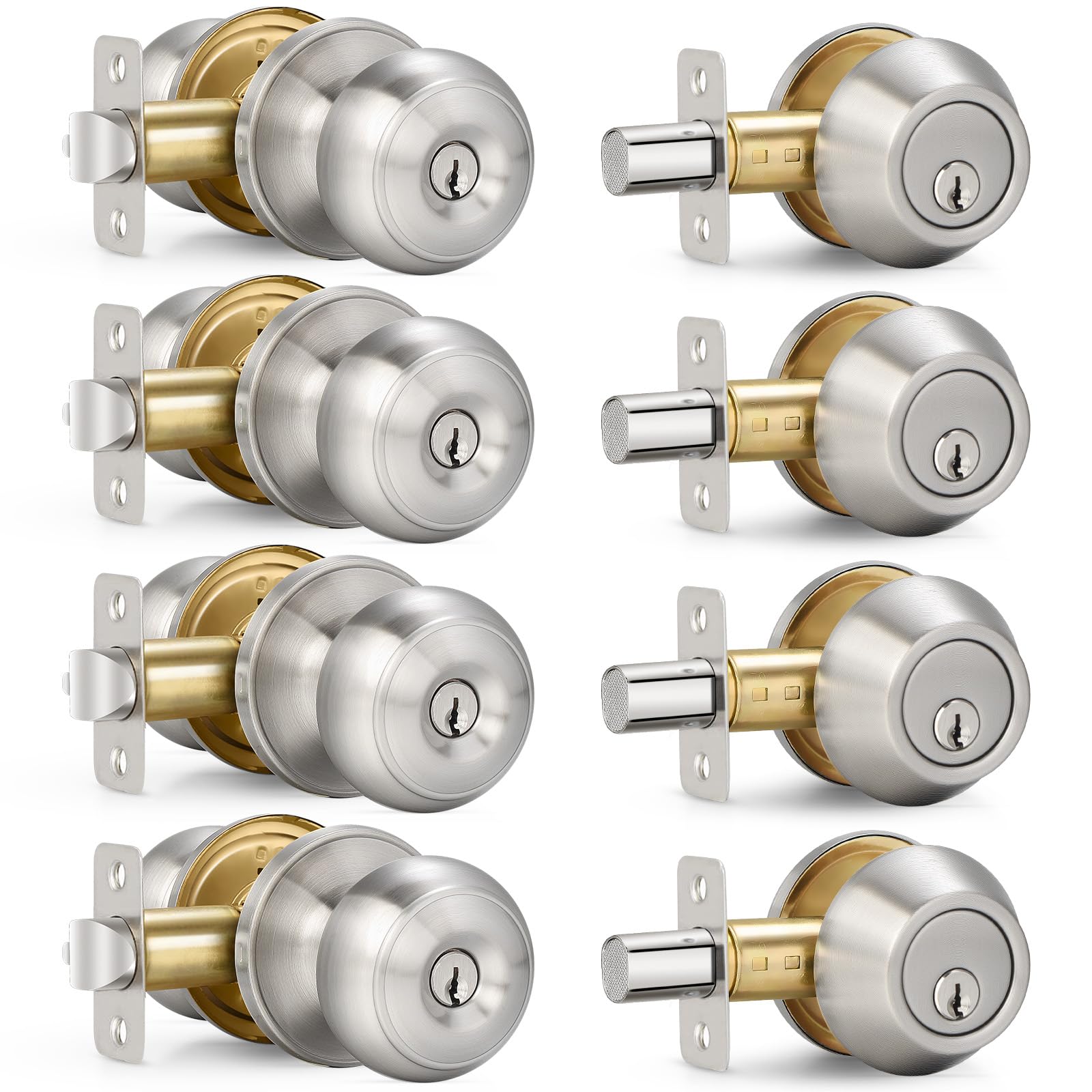 Snapklik.com : 4 Sets Entry Door Knob And Single Cylinder Deadbolt Combo Set, Keyed Alike Round ...