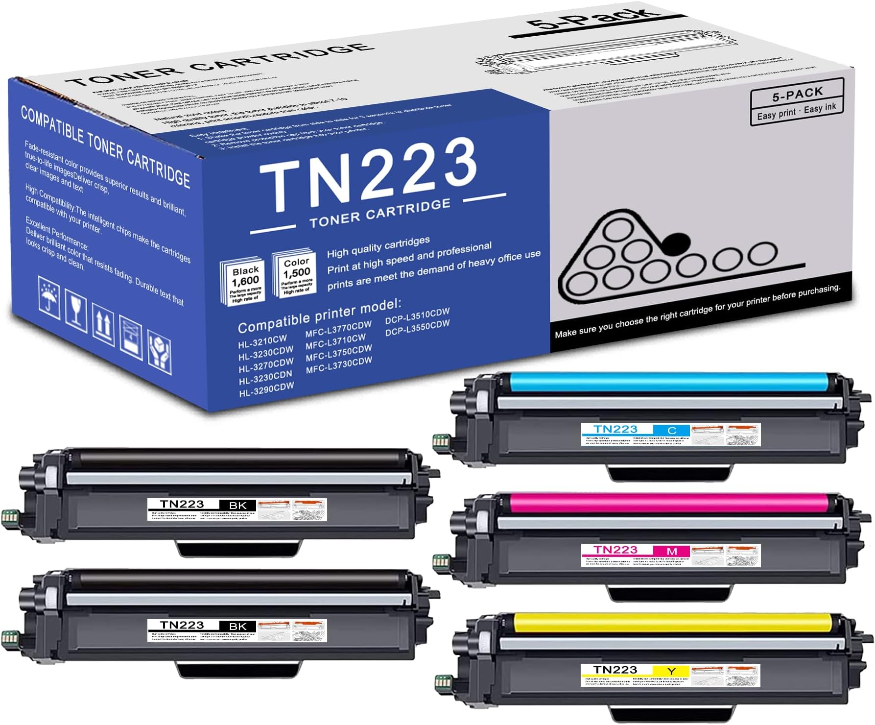 Amazon.com: 5 Pack TN223 BK/C/M/Y Toner Cartridge High Yield Compatible ...
