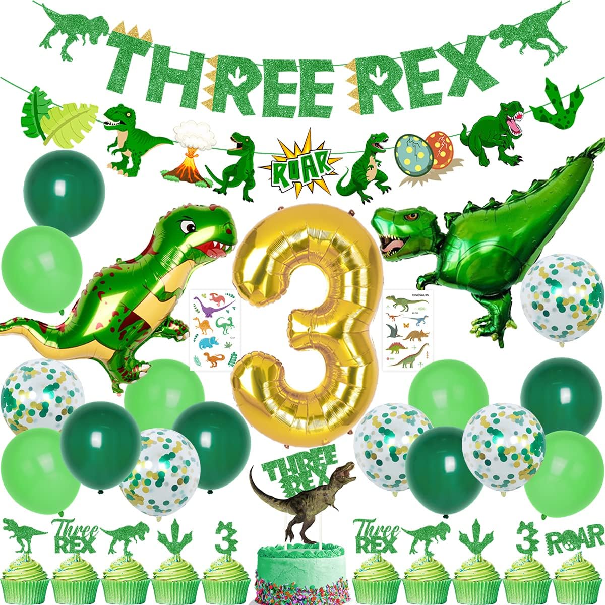 Amazon.com: Dinosaur 3rd Birthday Decorations, 3 Rex Birthday Party ...