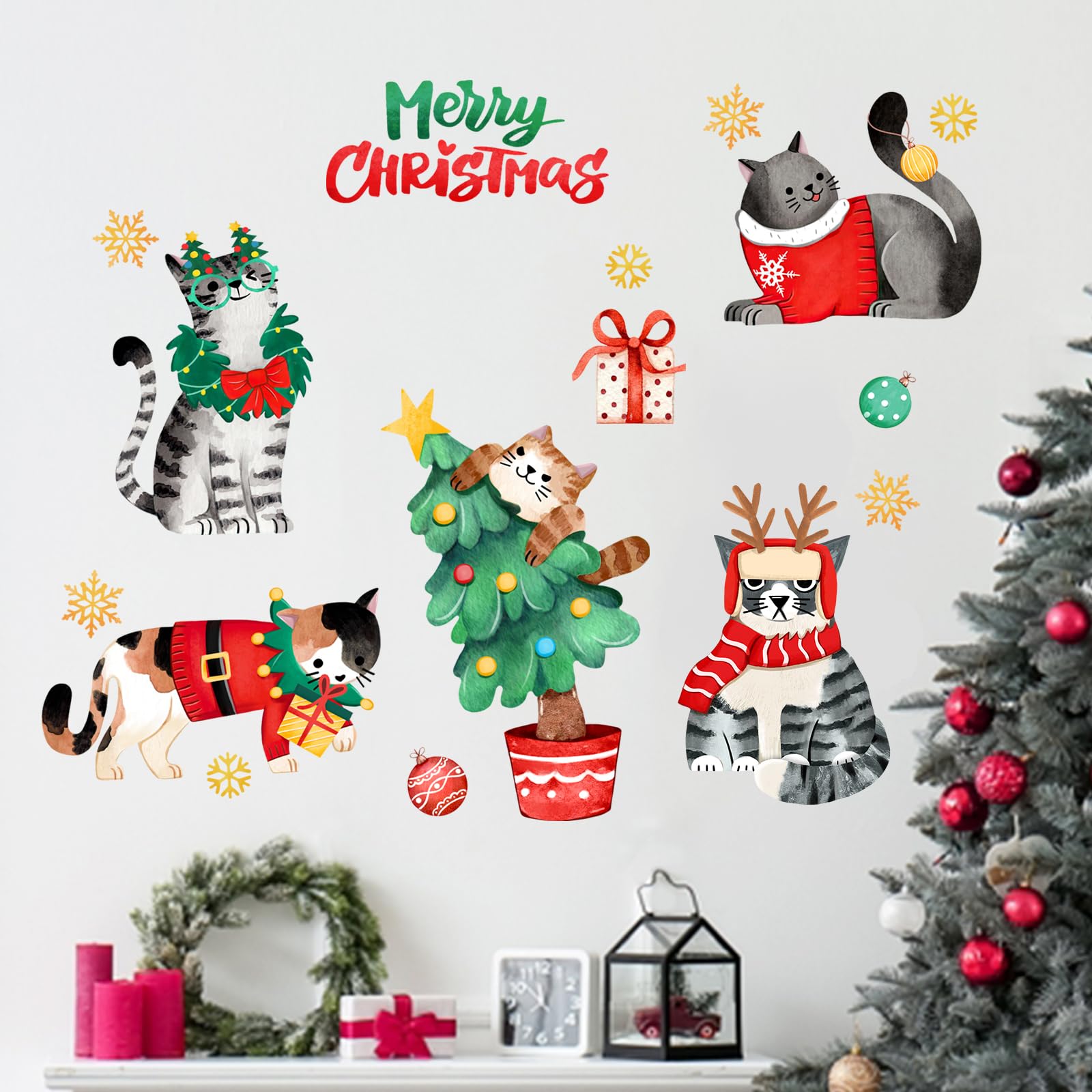 Amazon.com: Mfault Merry Christmas Cute Cat Wall Decals Stickers, Xmas ...