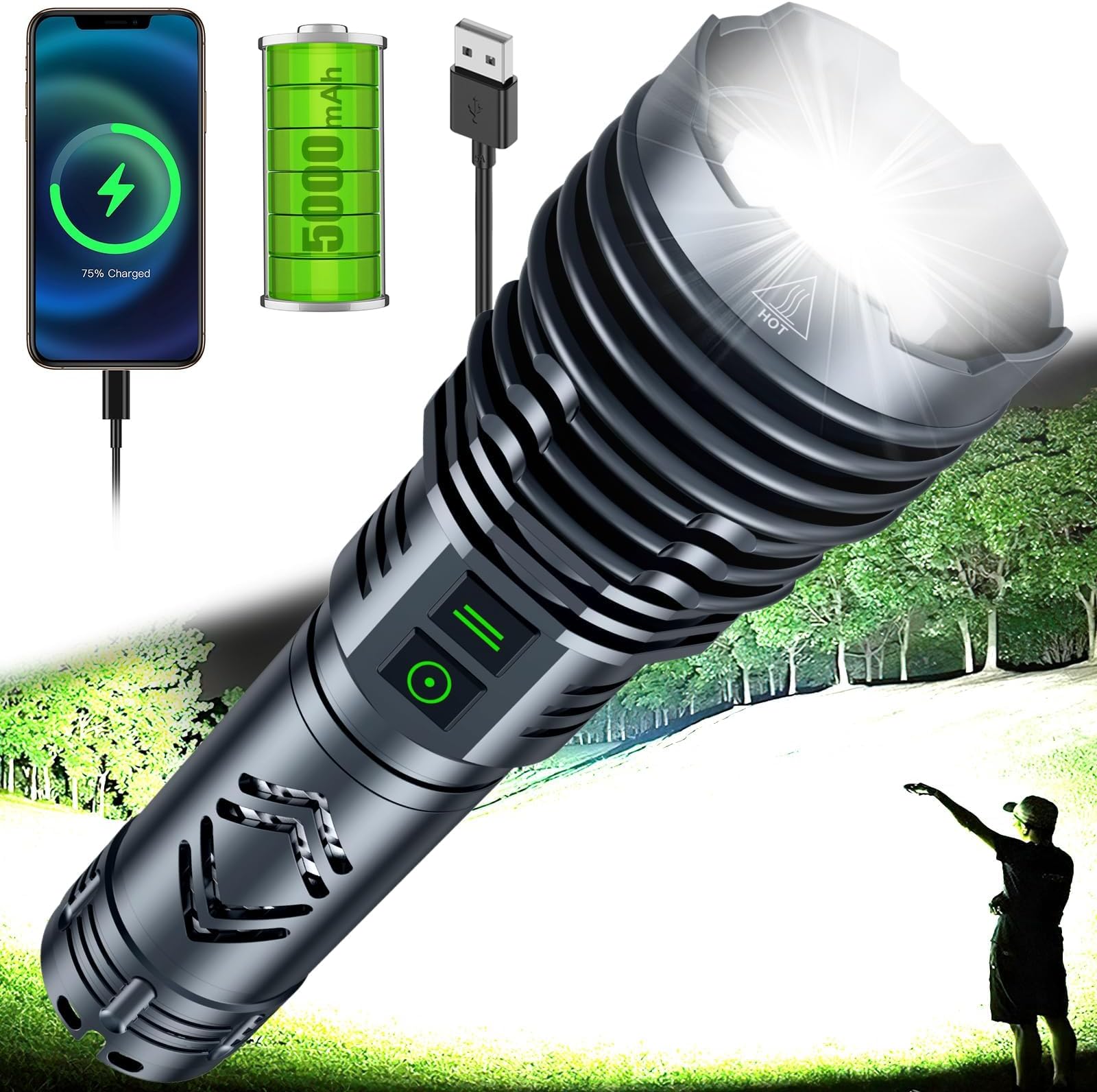 Black&Brown Super Bright Rechargeable LED Flashlights，True 1200000 High ...