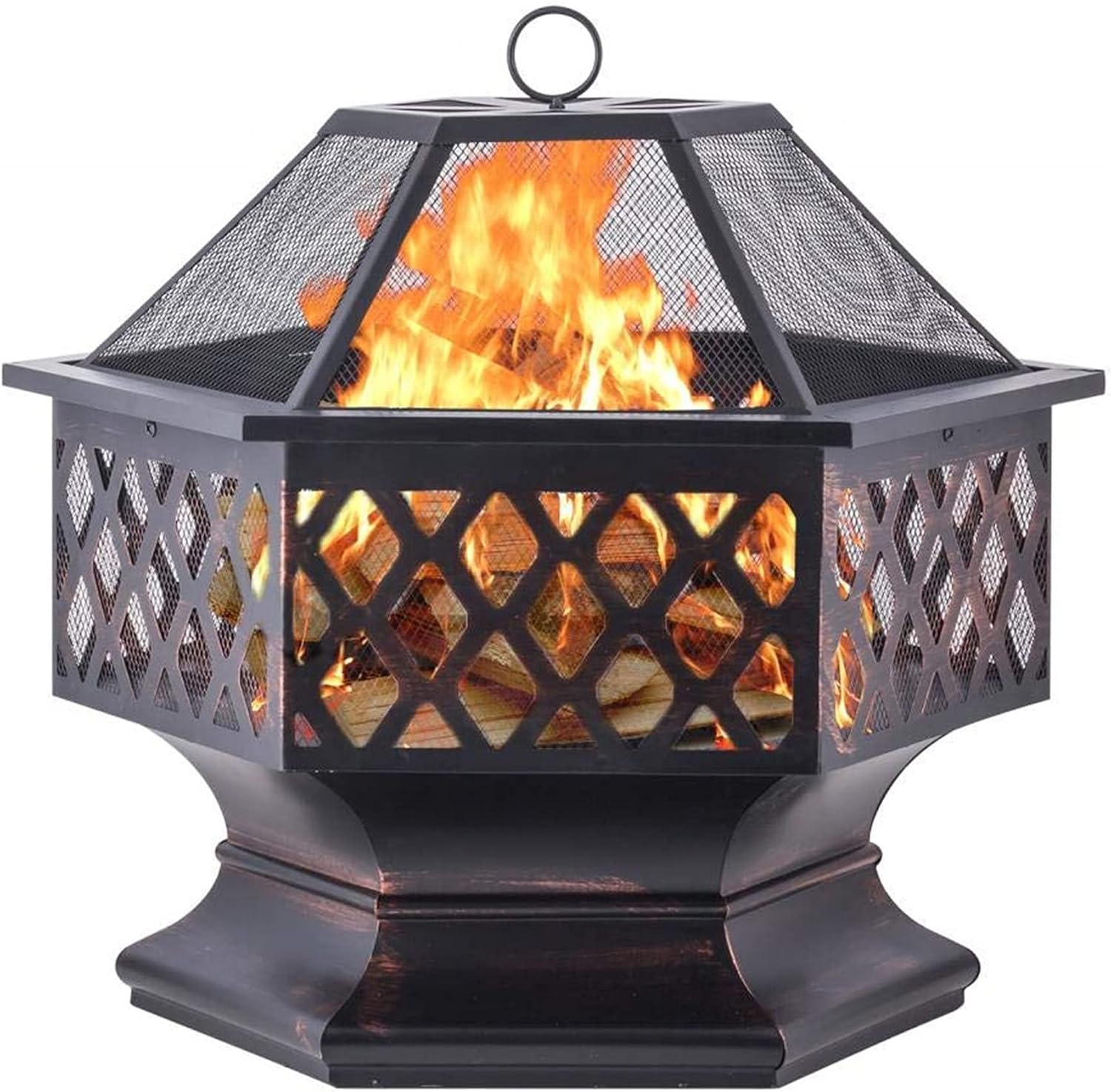 Hexagon Outdoor Fire Pit, Large Fire Bowl w/Spark Screen & Fireplace ...