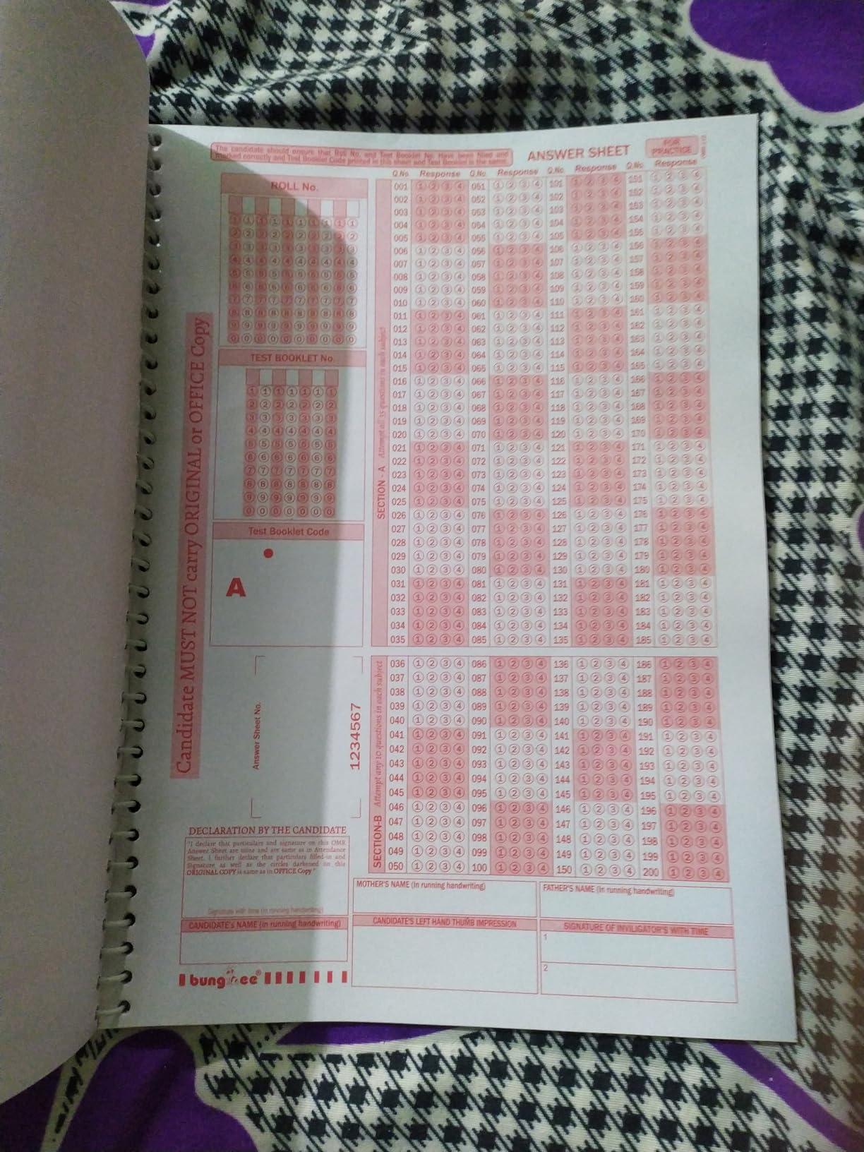 Bungbee NEET OMR Sheets for 2024 Practice 200 MCQ Questions 100 Sheets Spiral Booklet Notebook ...