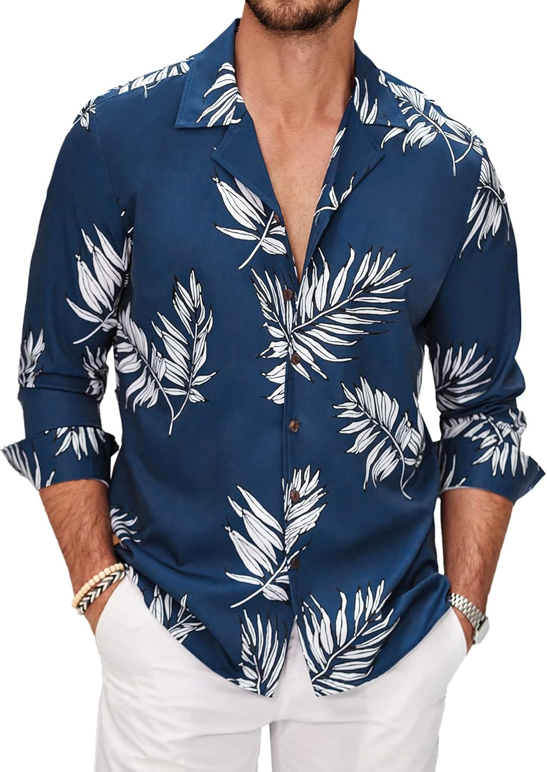 COOFANDY Long Sleeve Hawaiian Shirts for Men Button Up Beach Shirt ...