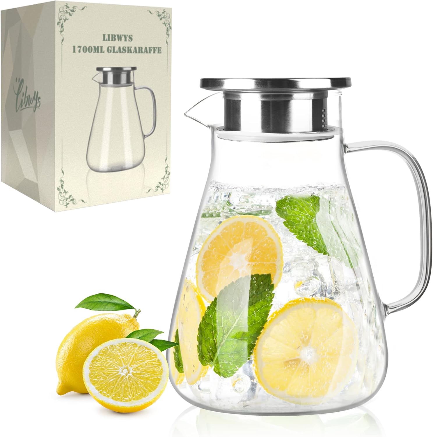LIBWYS 1700ml Glaskaraffe mit Deckel - Wasserkaraffe aus ...