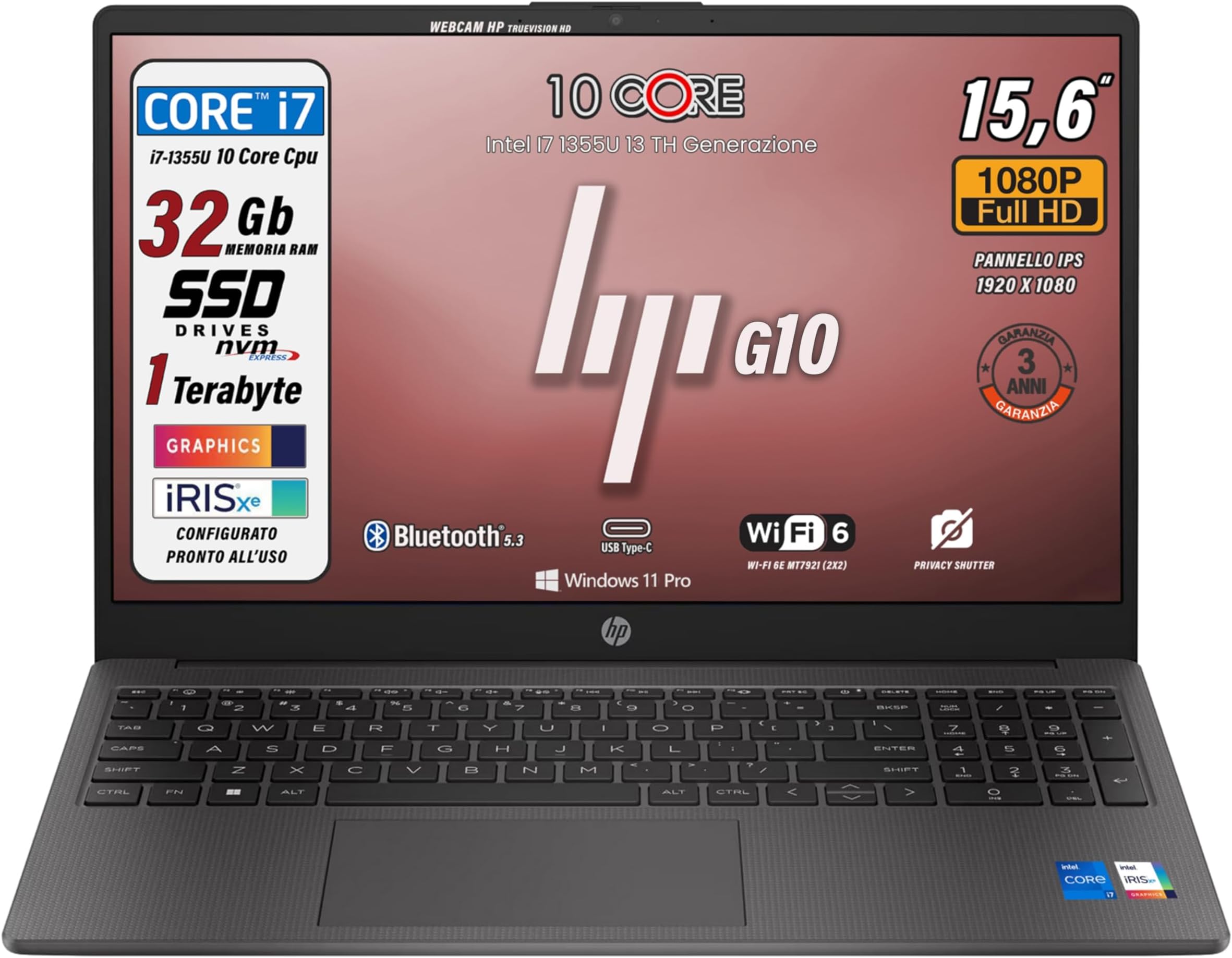 HP 250 G10, PC Portatile CPU Intel Core i7-1355U 13th 10 Core, fino a 5 ...
