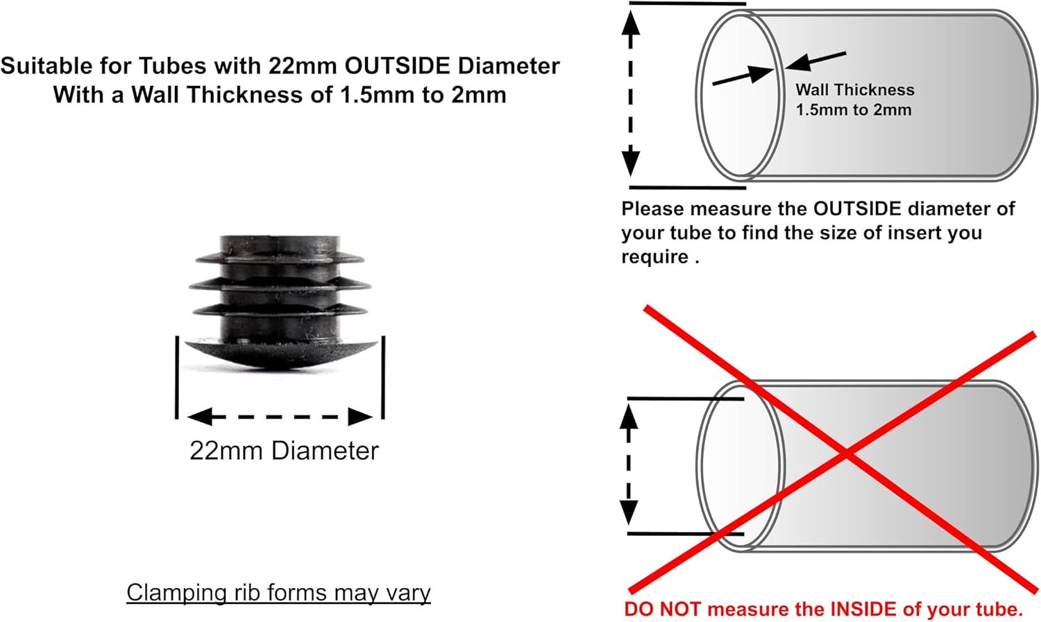 22mm Plastic End Caps – Black Domed Tube Inserts, Pack of 4 (See Second ...